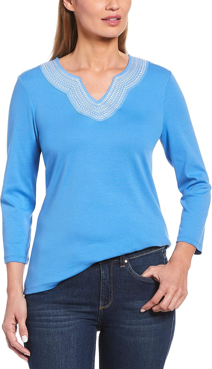 Rafaella Women's Petite Three Quarter Sl Rib Knit Top with Multi Color ...