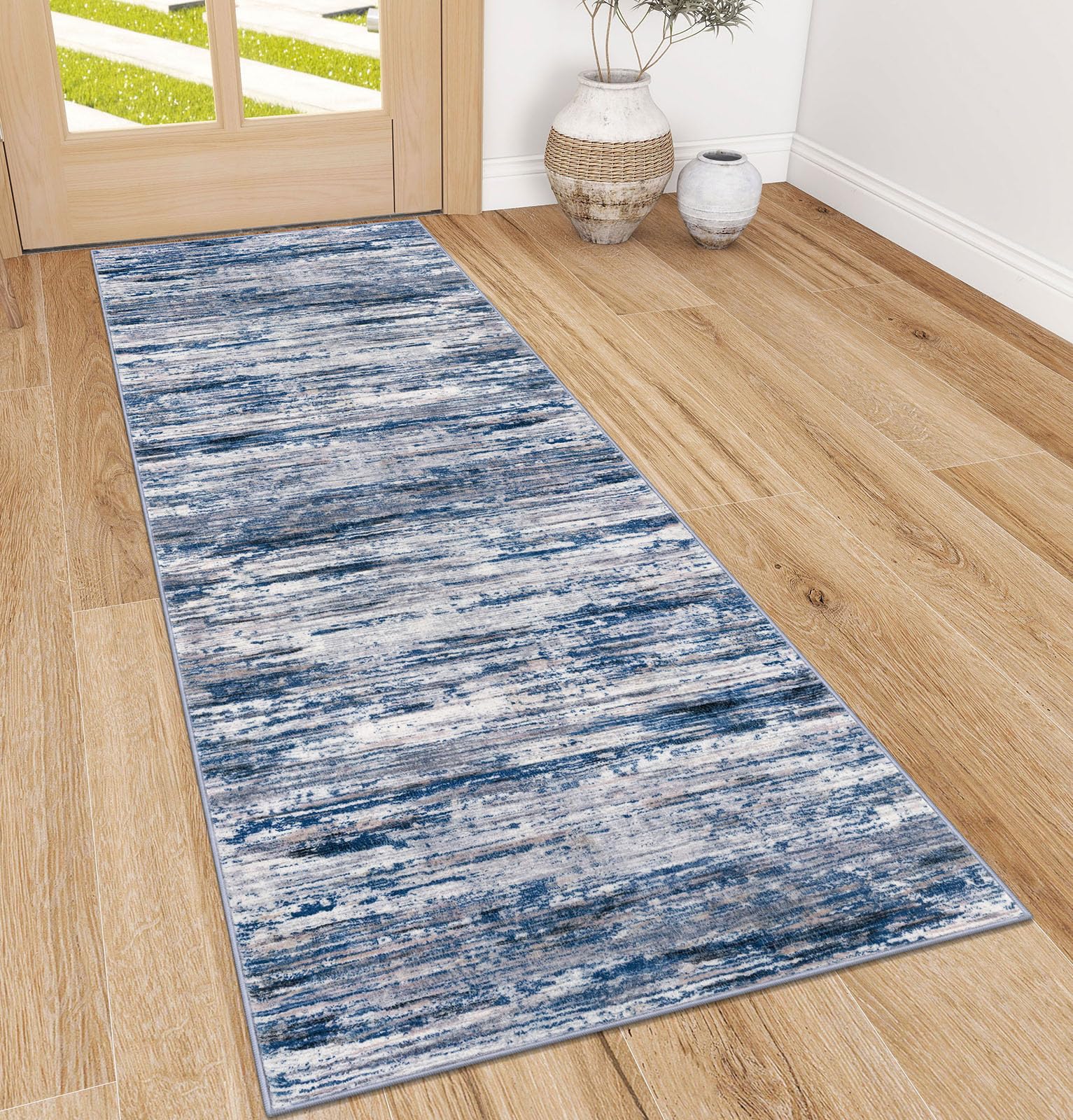 SIILOOM 2x6 Navy Blue Gray Neutral Multi Modern Abstract Runner Rug for ...