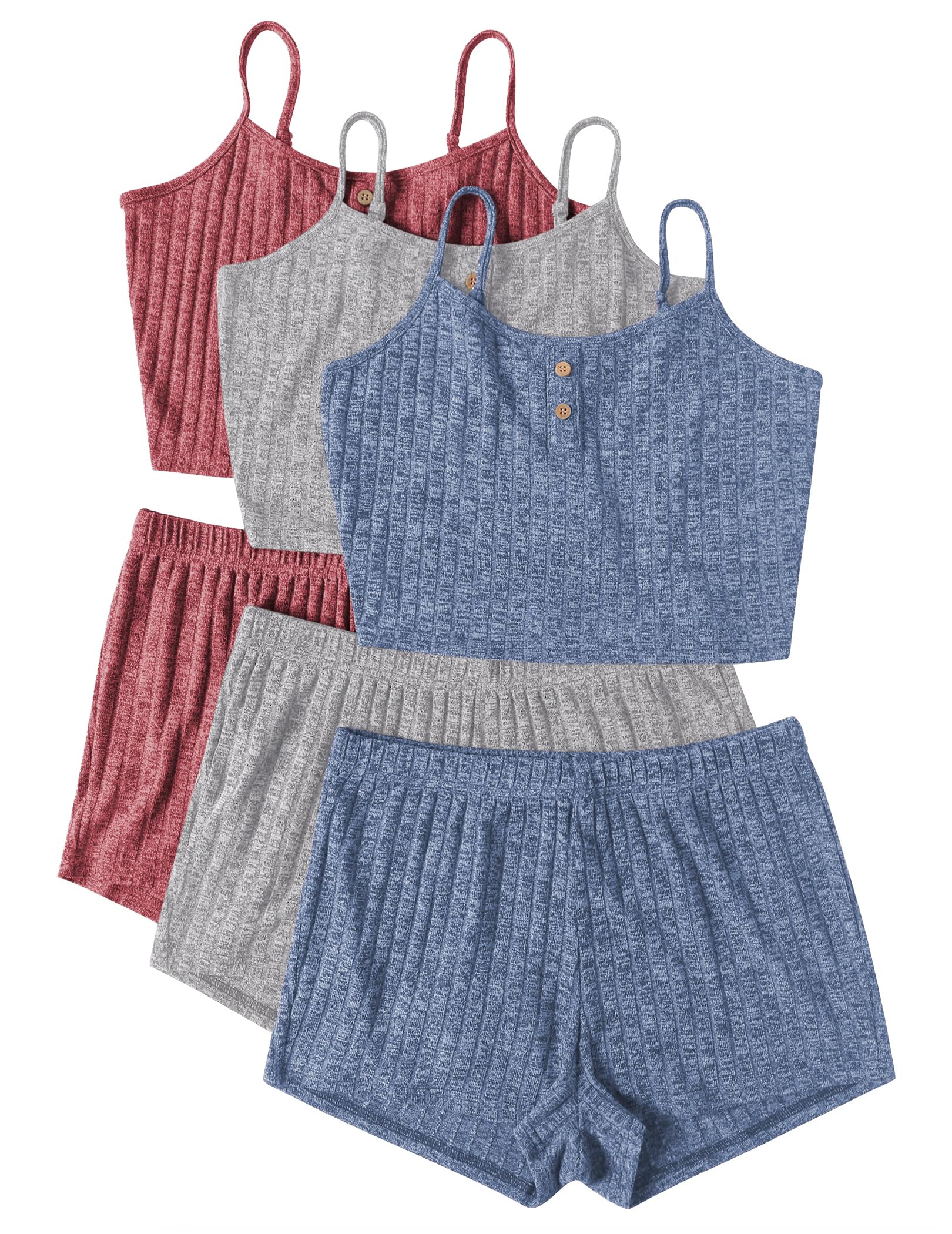 Ekouaer 3 Sets for Women Ribbed Pajamas Crop Cami Top and Shorts Pjs ...