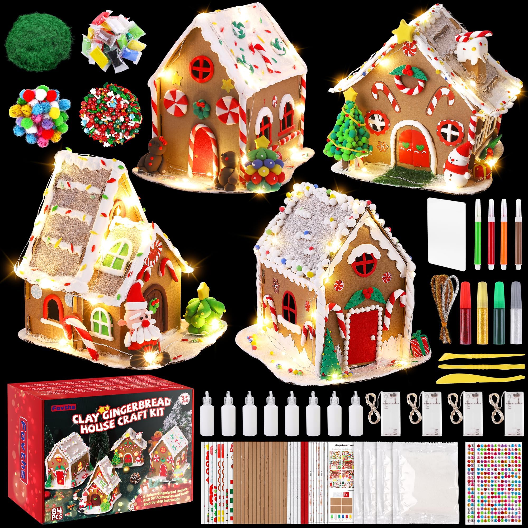 Fovths 4 Sets Clay Christmas Gingerbread House Kit with Lights Craft ...
