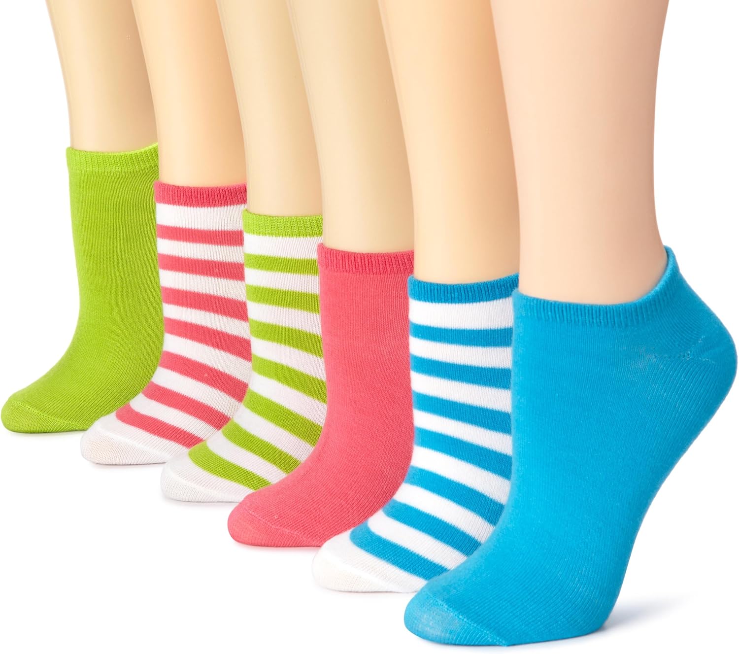 K. Bell Women's 6-Pack Stripe & Solid No Show Socks, White, Shoe Size ...