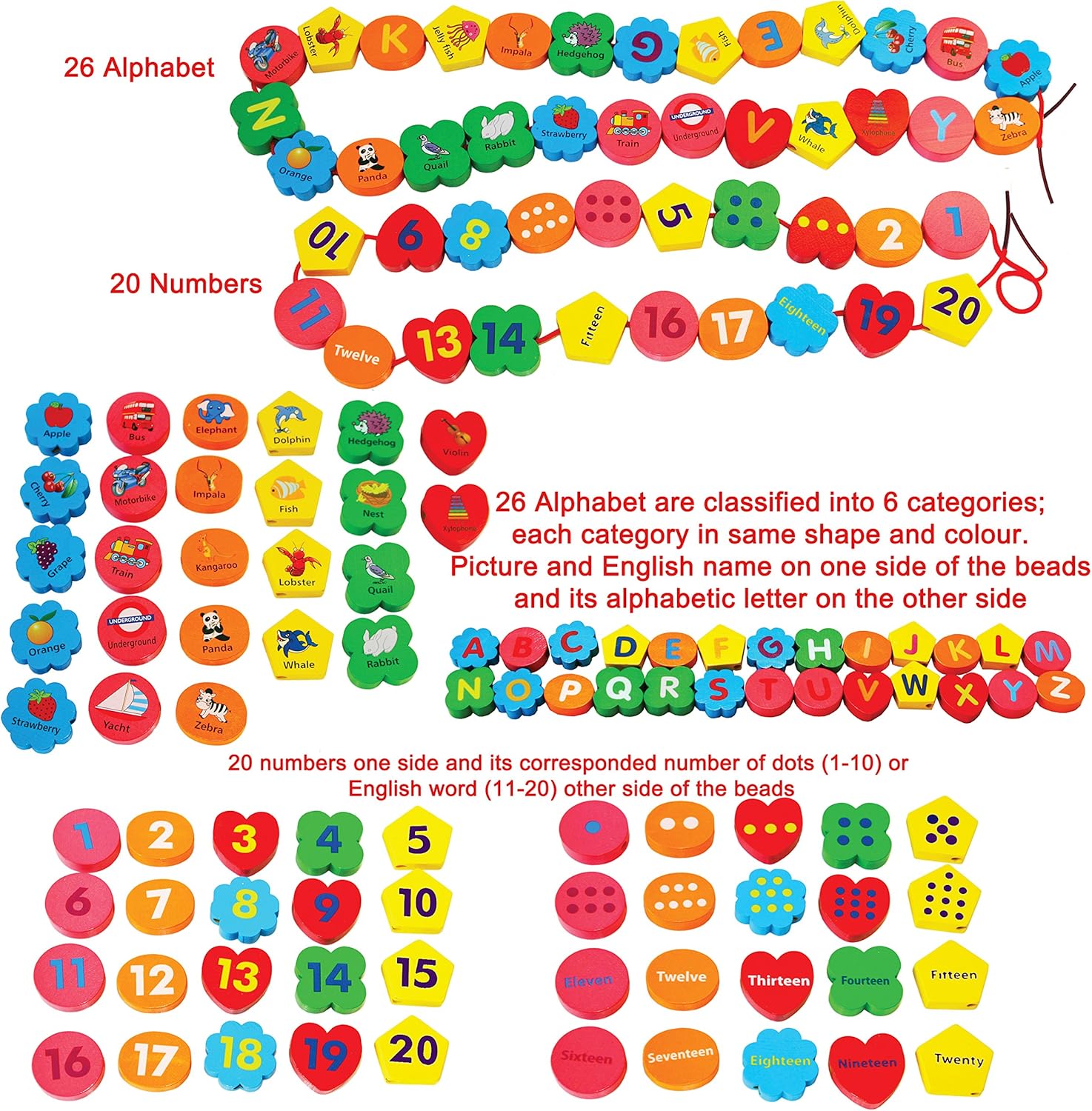 TOWO Wooden Threading Beads Alphabet Blocks-Large Wooden Letters and ...