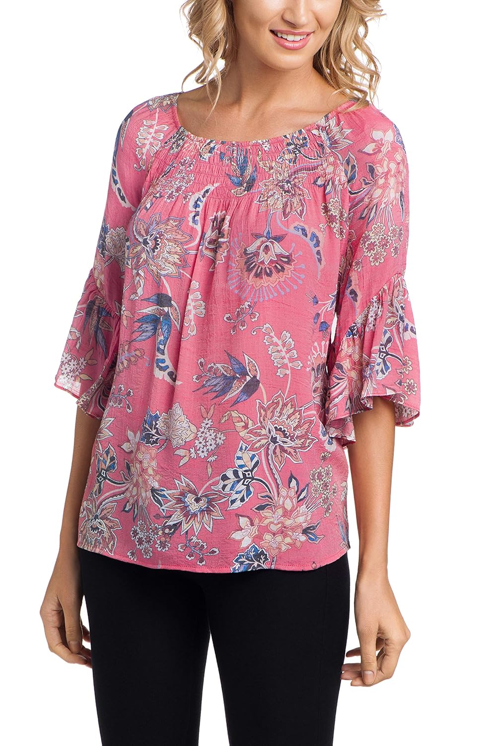 Buy Spense Womens Printed Shirred Front Blouse with Smocking Detail on ...