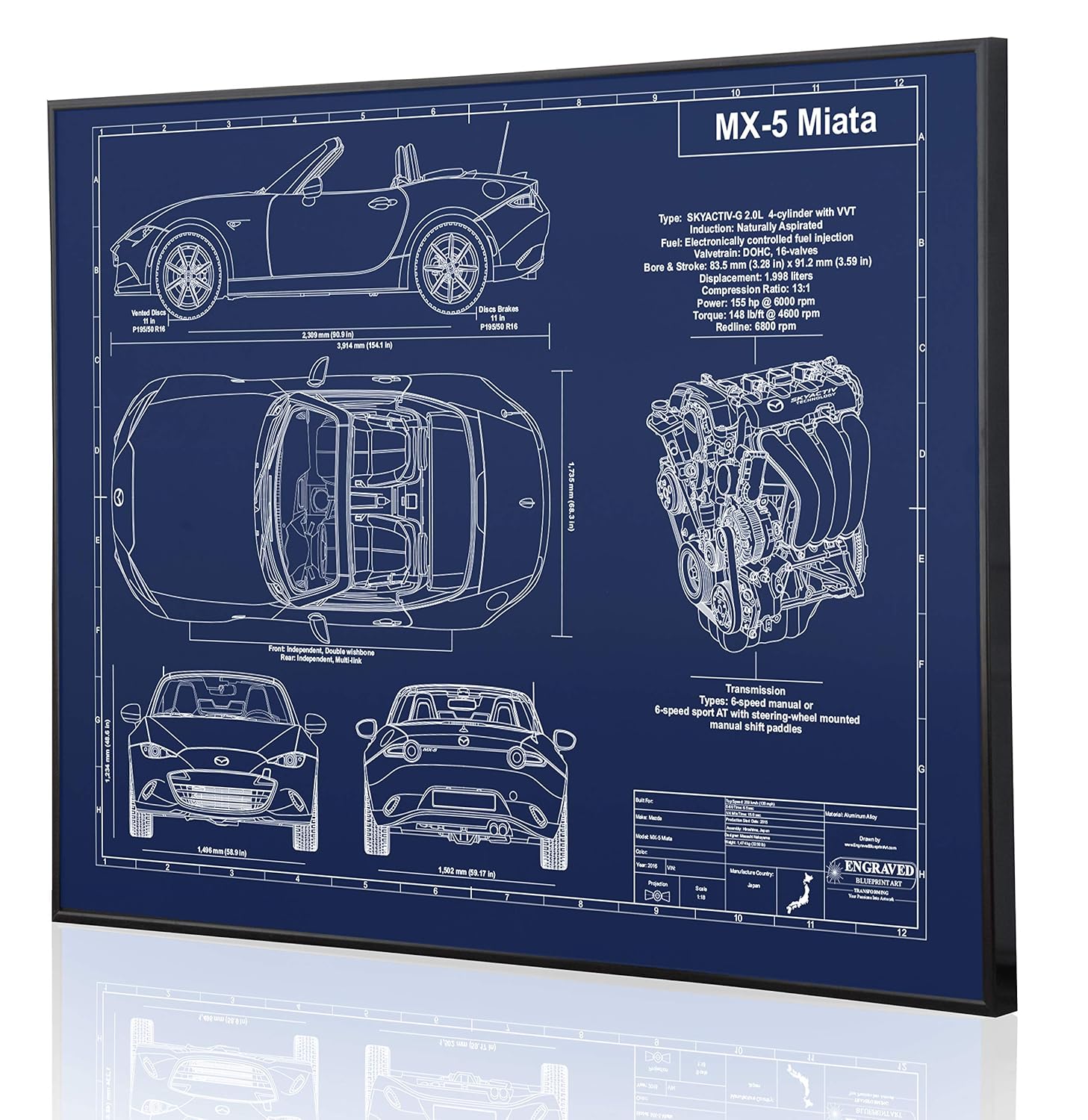 Amazon.com: Mazda MX-5 Miata 4th Generation Blueprint Artwork-Laser ...