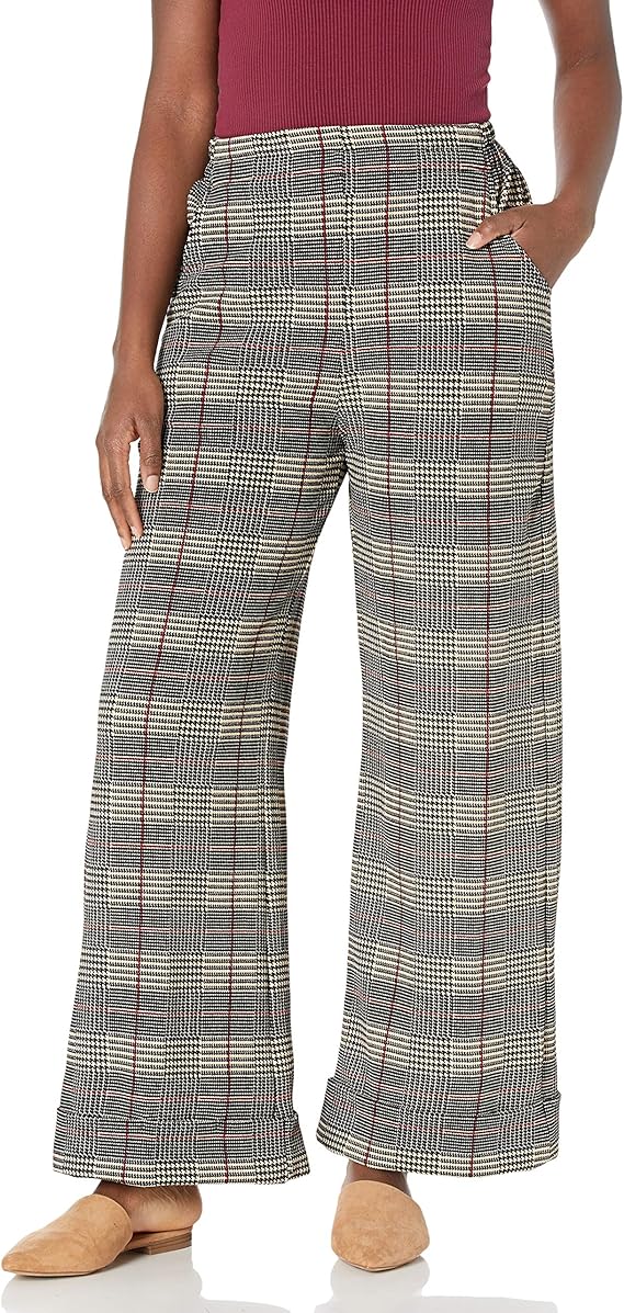 Angie Women's Knit Plaid Wide Leg Pants W Cuffs: Amazon.co.uk: Clothing
