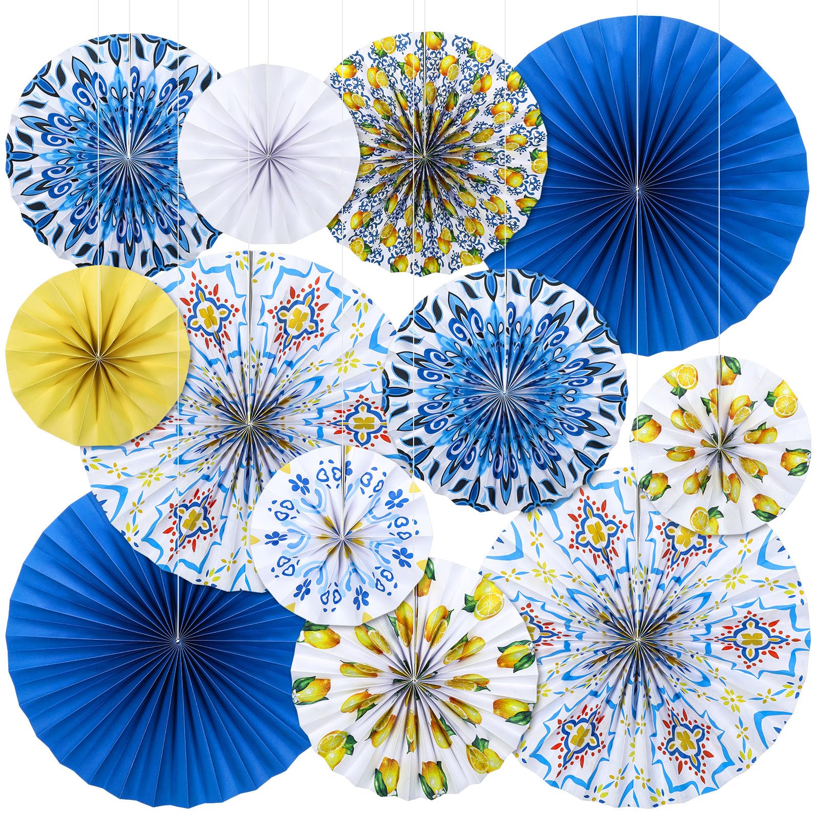 Feifeiya 12 Pcs Capri Lemon Hanging Paper Fans 8'' 12'' 16'' Blue and ...