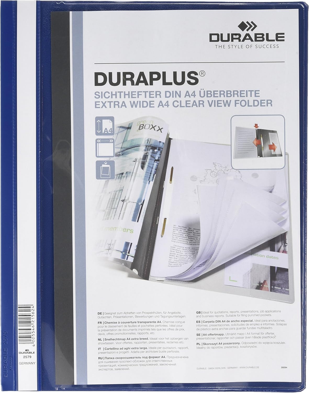 Durable Filing PVC Folder with Clear A4 Title Pocket - Dark Blue, Pack ...