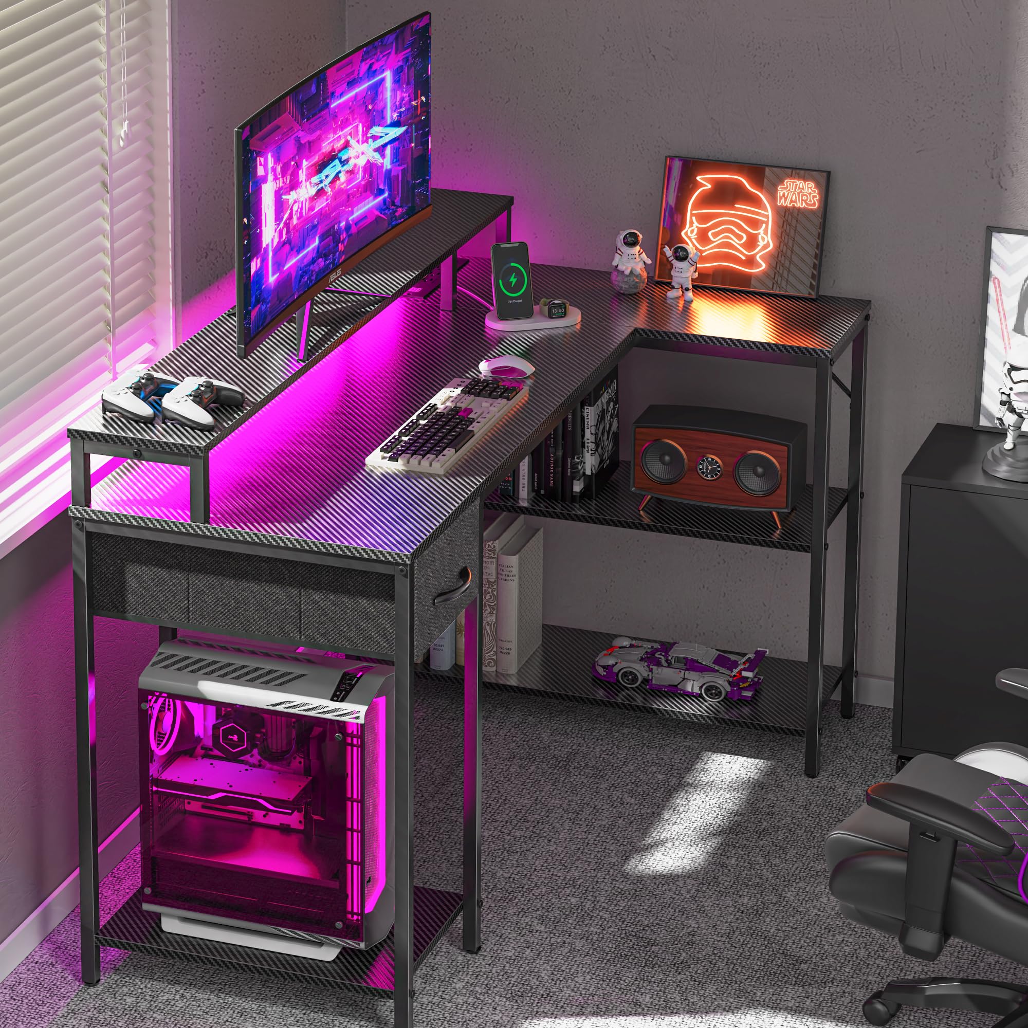 Mua SUPERJARE 47 inch Reversible L Shaped Desk with LED Lights & Power ...