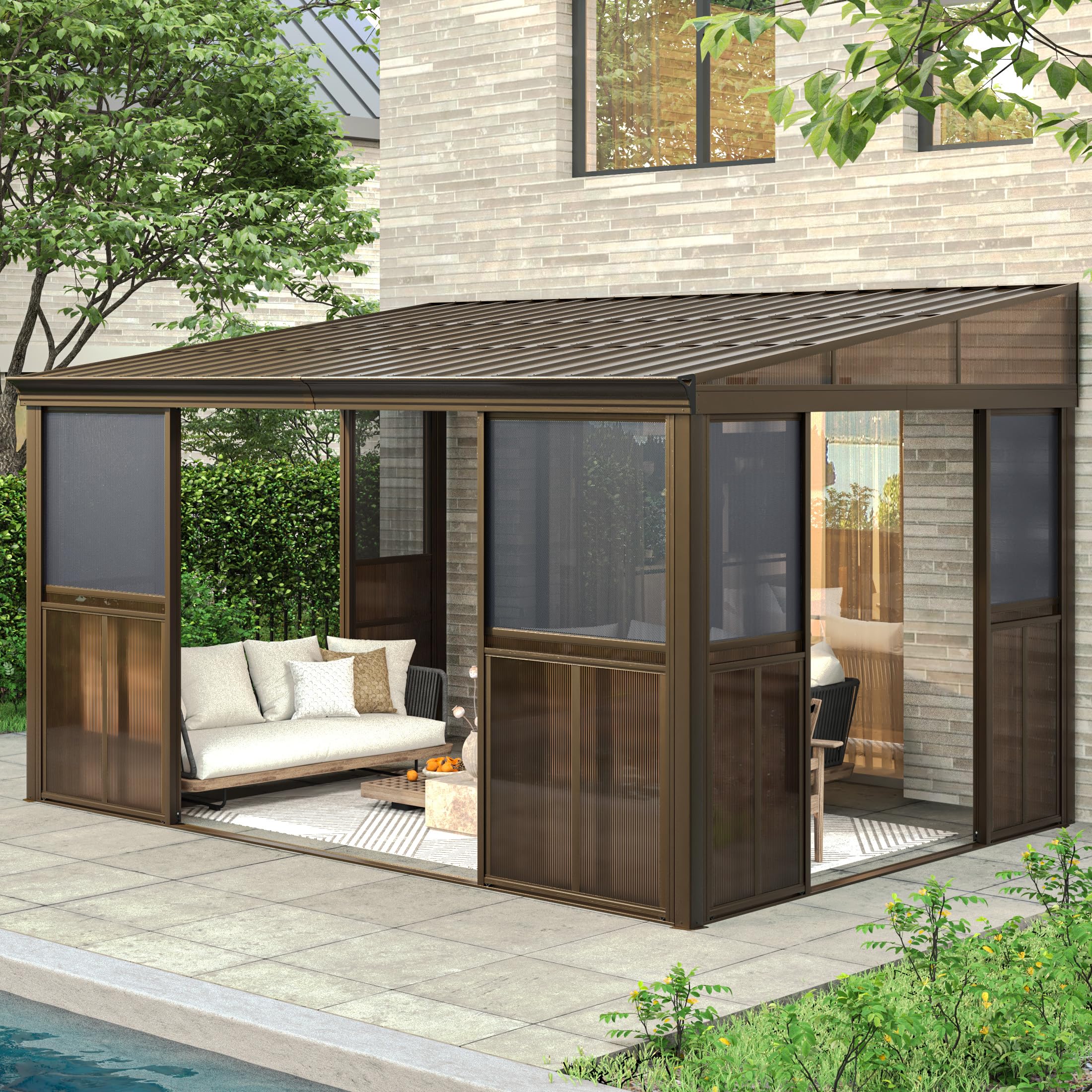 EROMMY 10' x 14' Sunroom, Wall Mounted Gazebo with Galvanized Steel ...