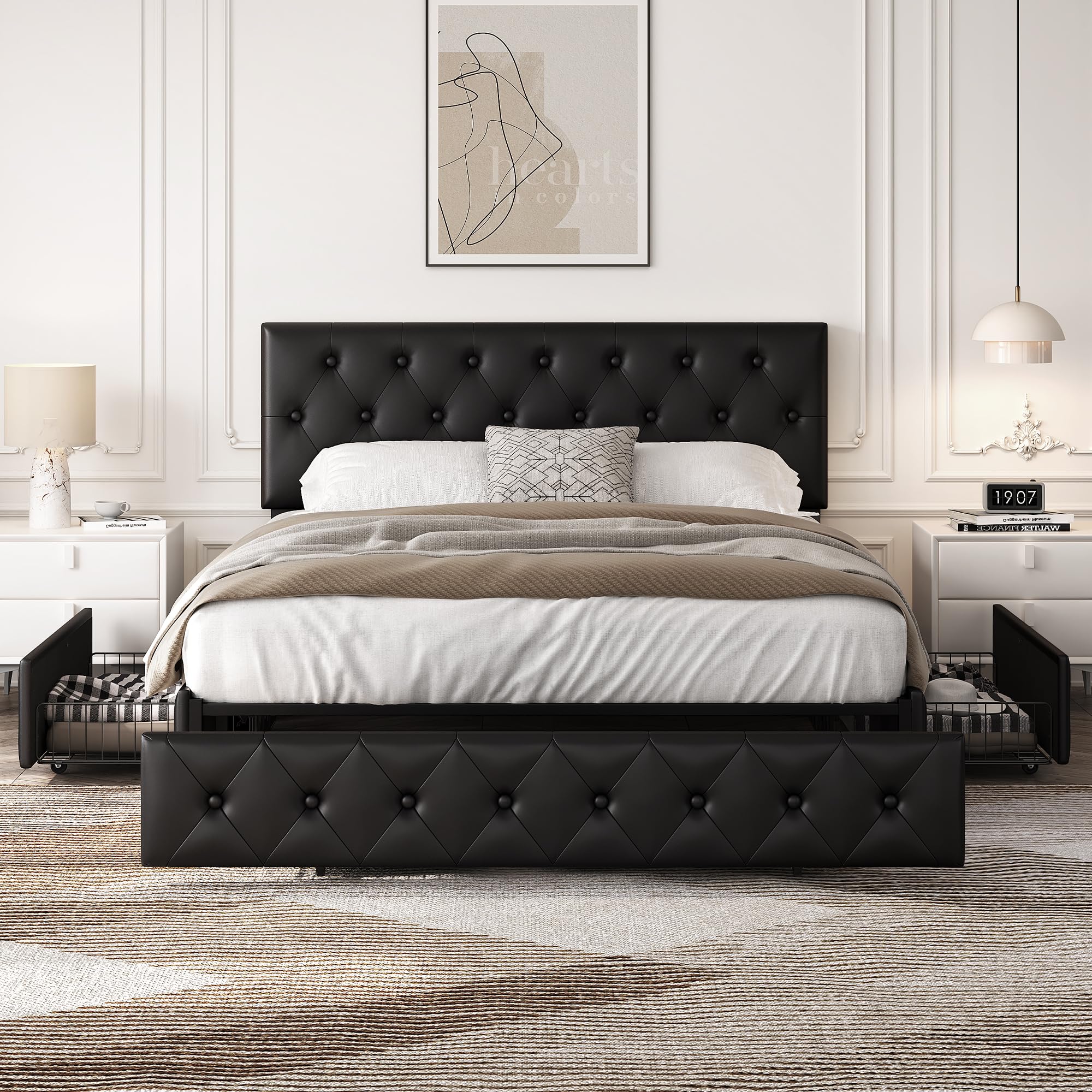 Yaheetech Queen Bed Frame Upholstered Bed Frame with Adjustable Diamond ...