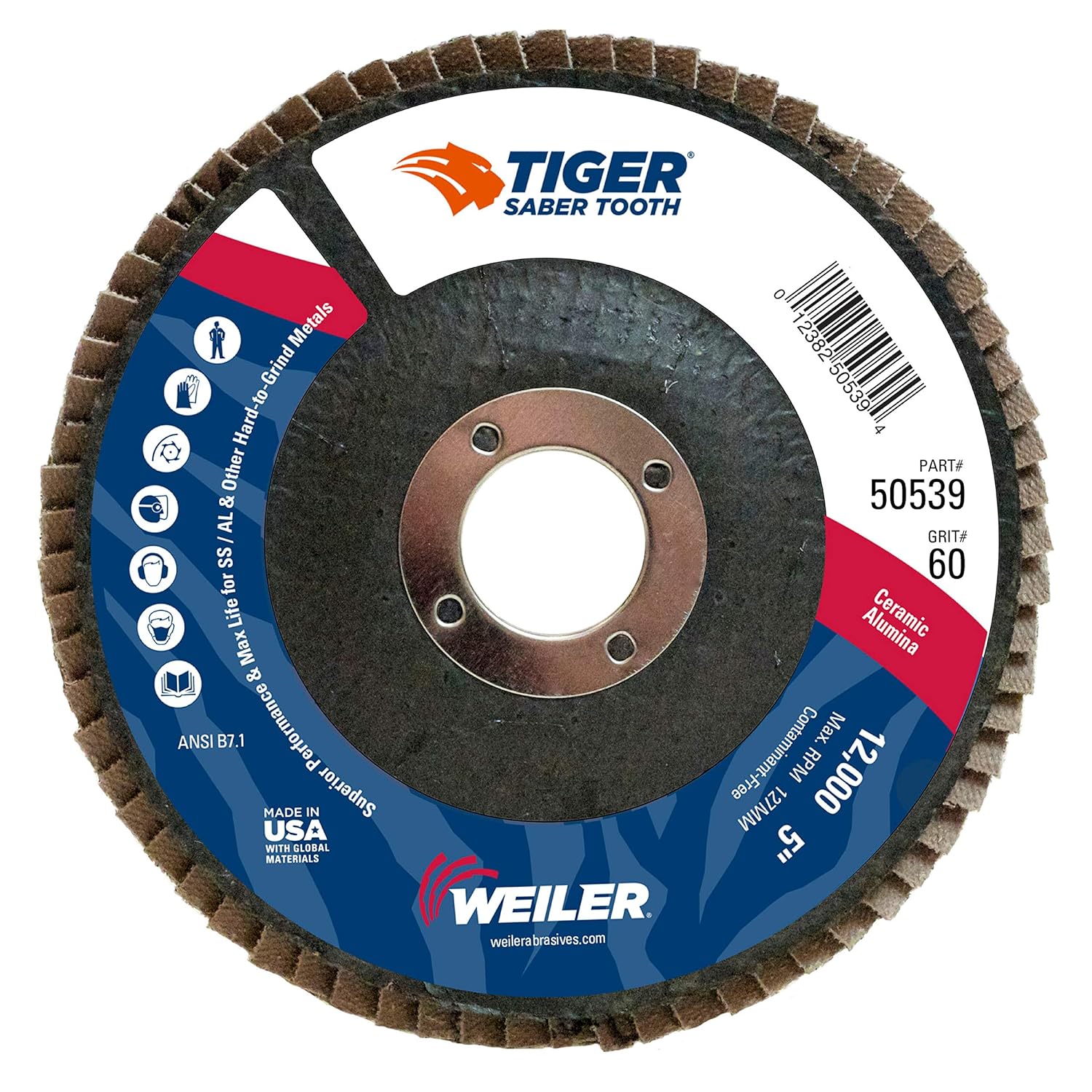 Weiler 50539 5" Saber Tooth Abrasive Flap Disc, Conical, Phenolic Backing, 60C, 7/8" A.H, Made ...