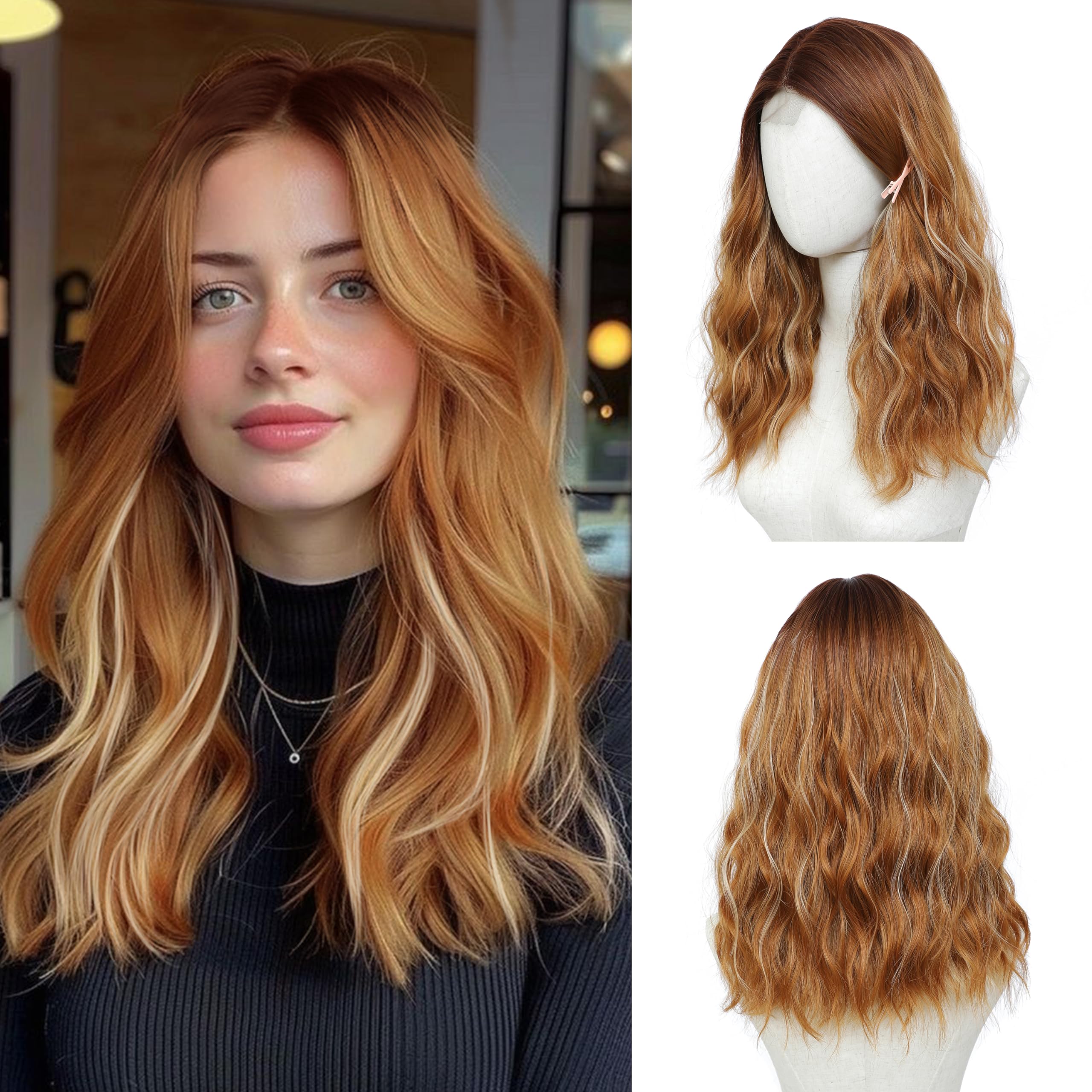 BUPPLER Copper Highlight Wig 18 Inch Medium Length Wigs for Women ...