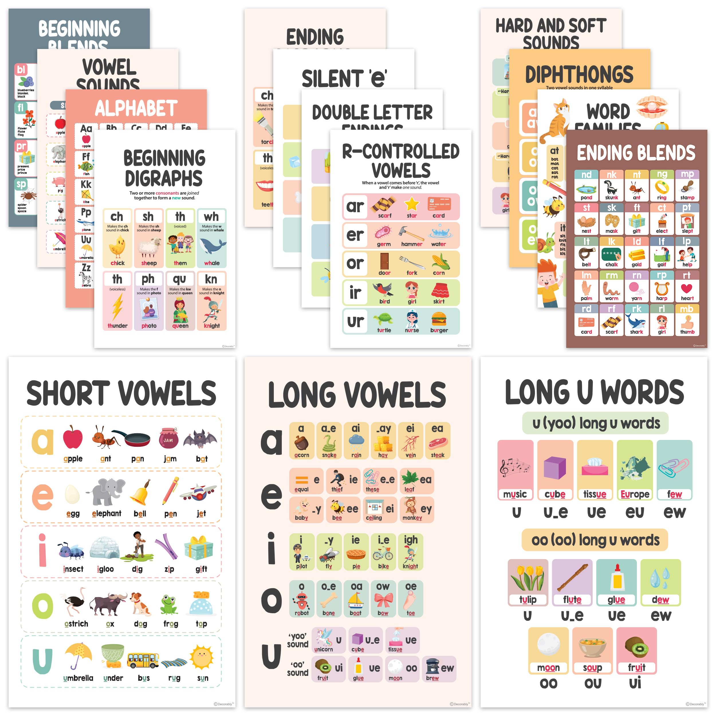 Mua Decorably Phonics Posters for Classroom - 15 Vowel Posters for ...