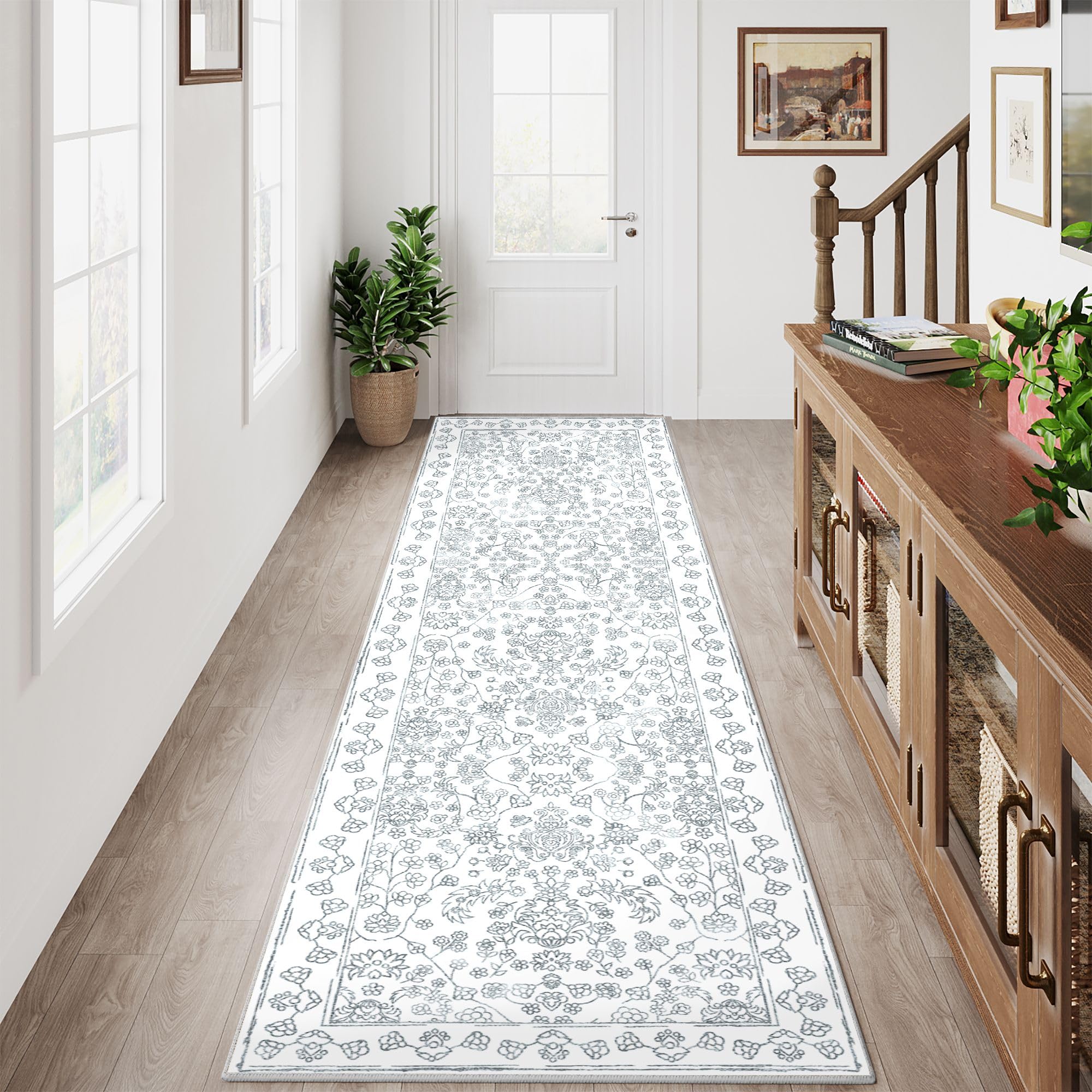 PureCozy Floral Runner Rug 2x8 Hallway Washable Blue Kitchen Carpet Non ...