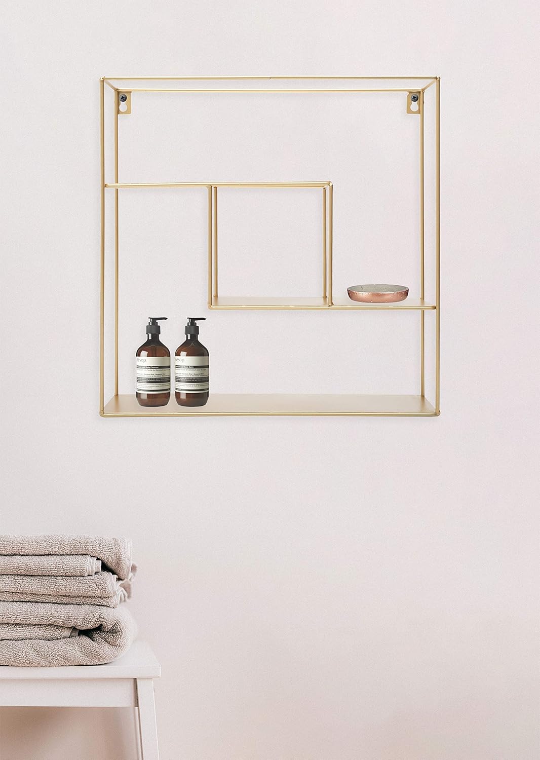 Kusso Gold Square Metal Shelf Unit with Three Shelves for Bedroom ...