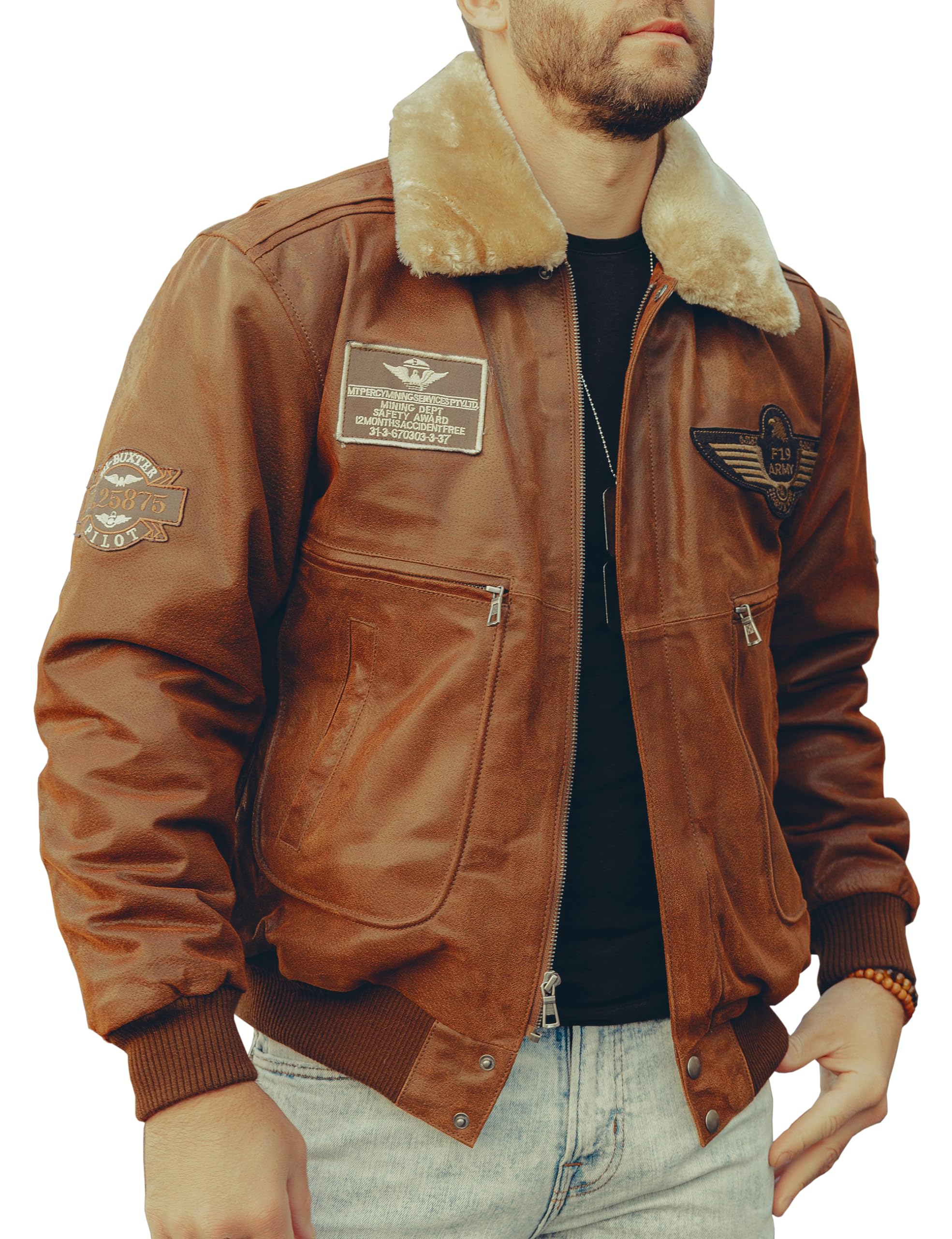 Mua FLAVOR Men's Real Leather Bomber Jacket with Removable Fur Collar ...