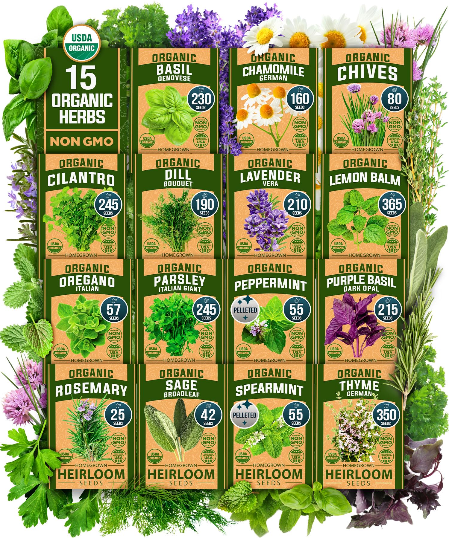 HOME GROWN 15 Organic Herb Seeds Variety Pack 2,500+ Non GMO, High ...