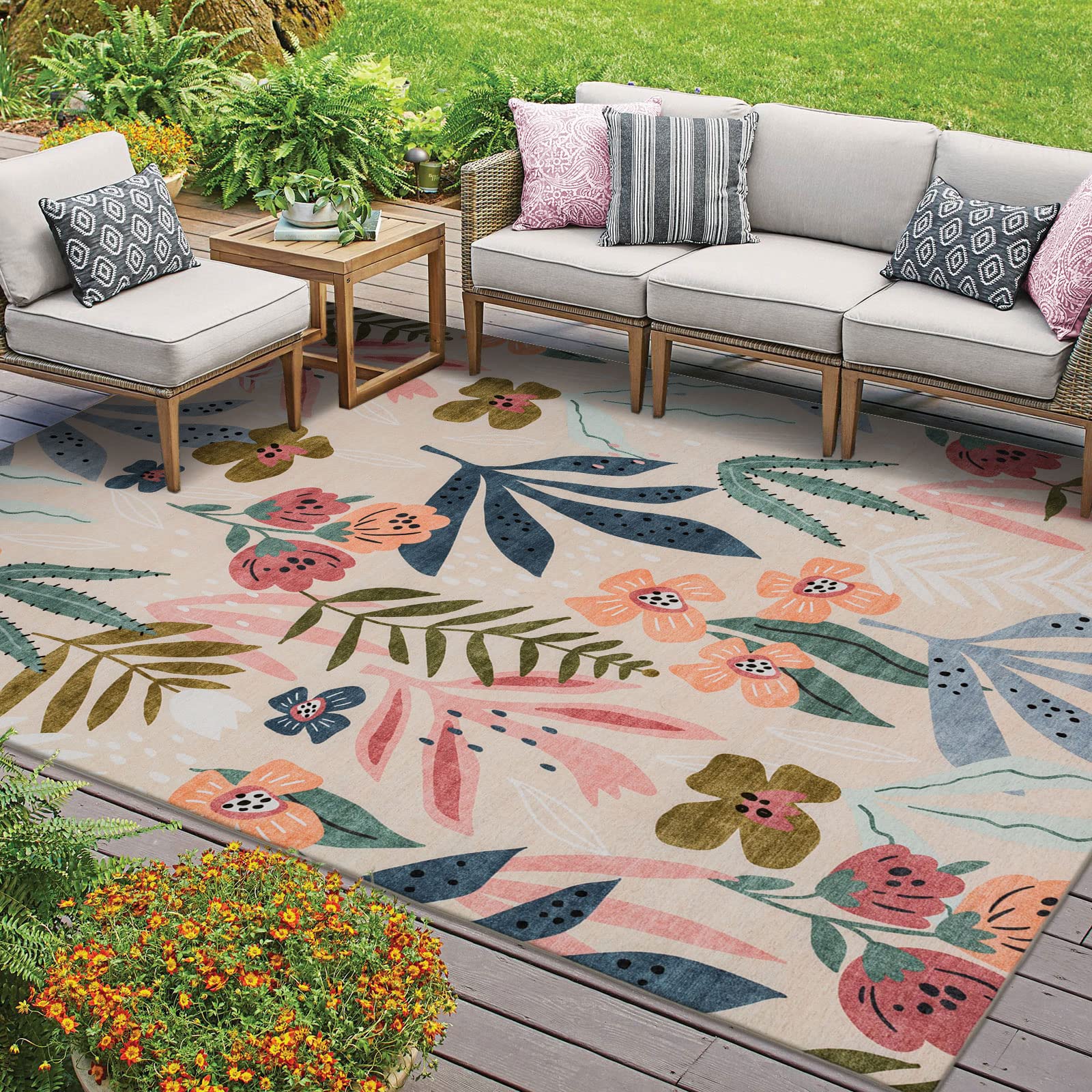 DECOMALL BLODWEN Indoor Outdoor Rugs, Floral Botanical Leaf Tropical ...