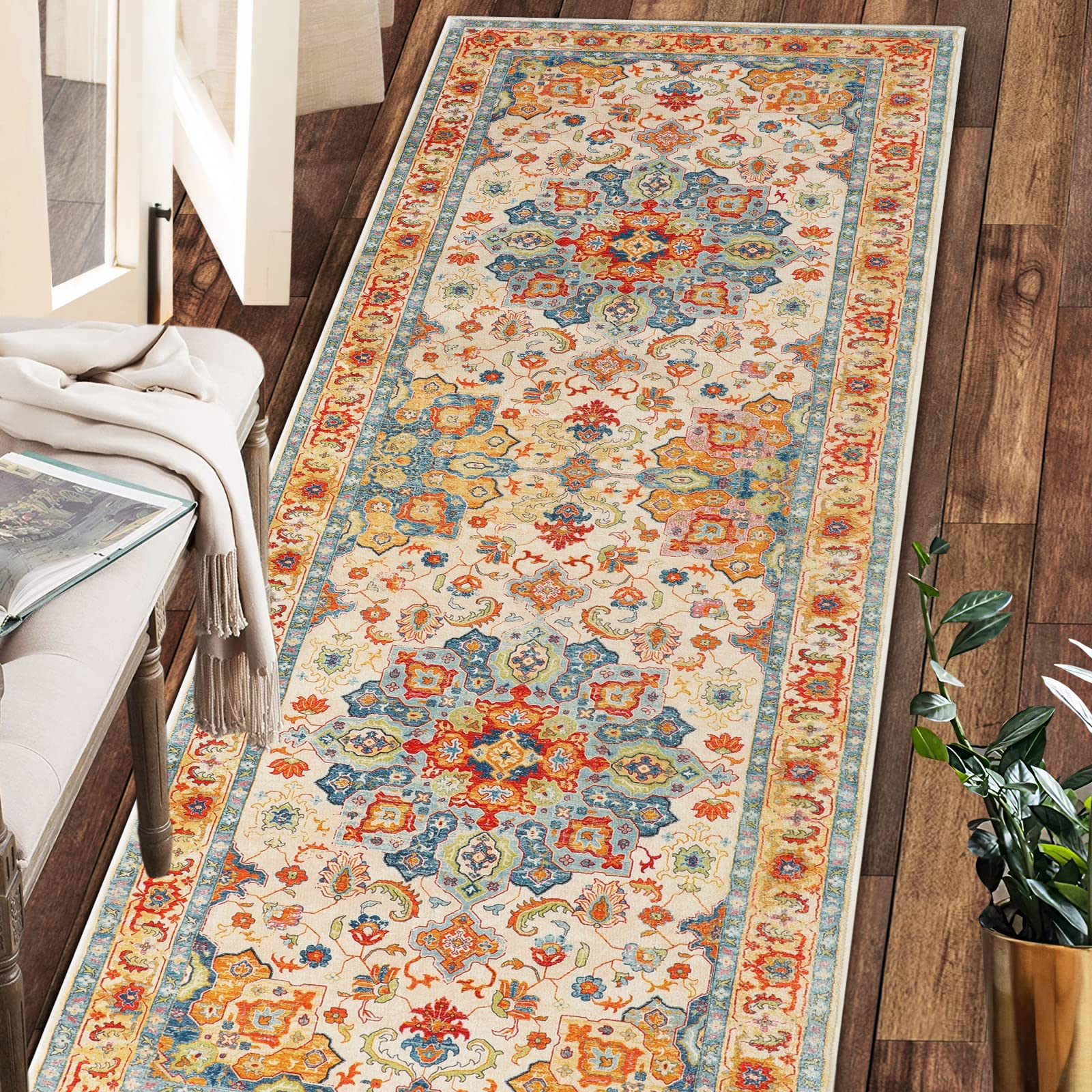 COMSLE Boho Runner Rug, 2' x 8' Washable Rugs for Hallway Faux Wool ...
