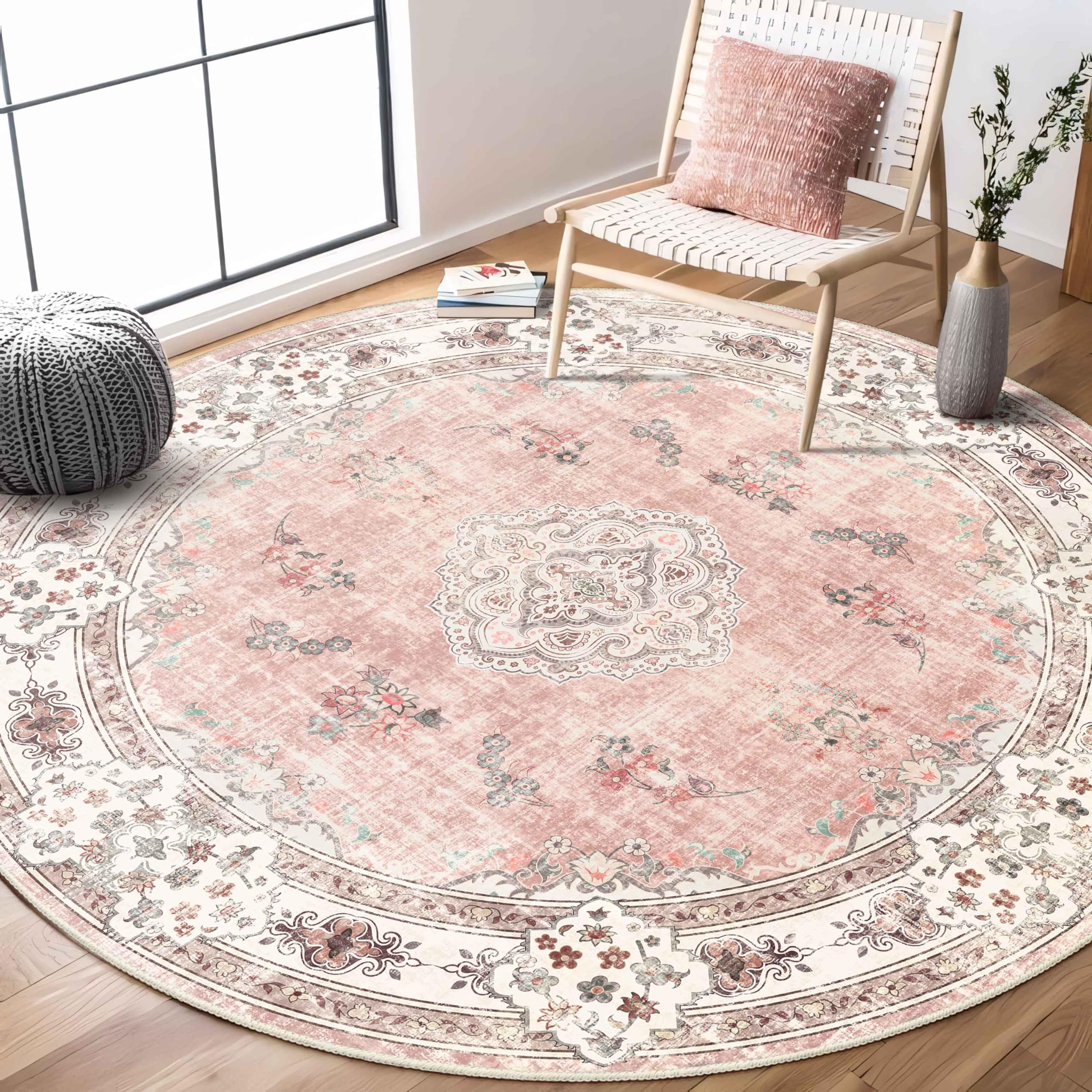 MUJOO Pink Round Rug 6ft,Circle Washable Area Rugs for Bedroom Living ...