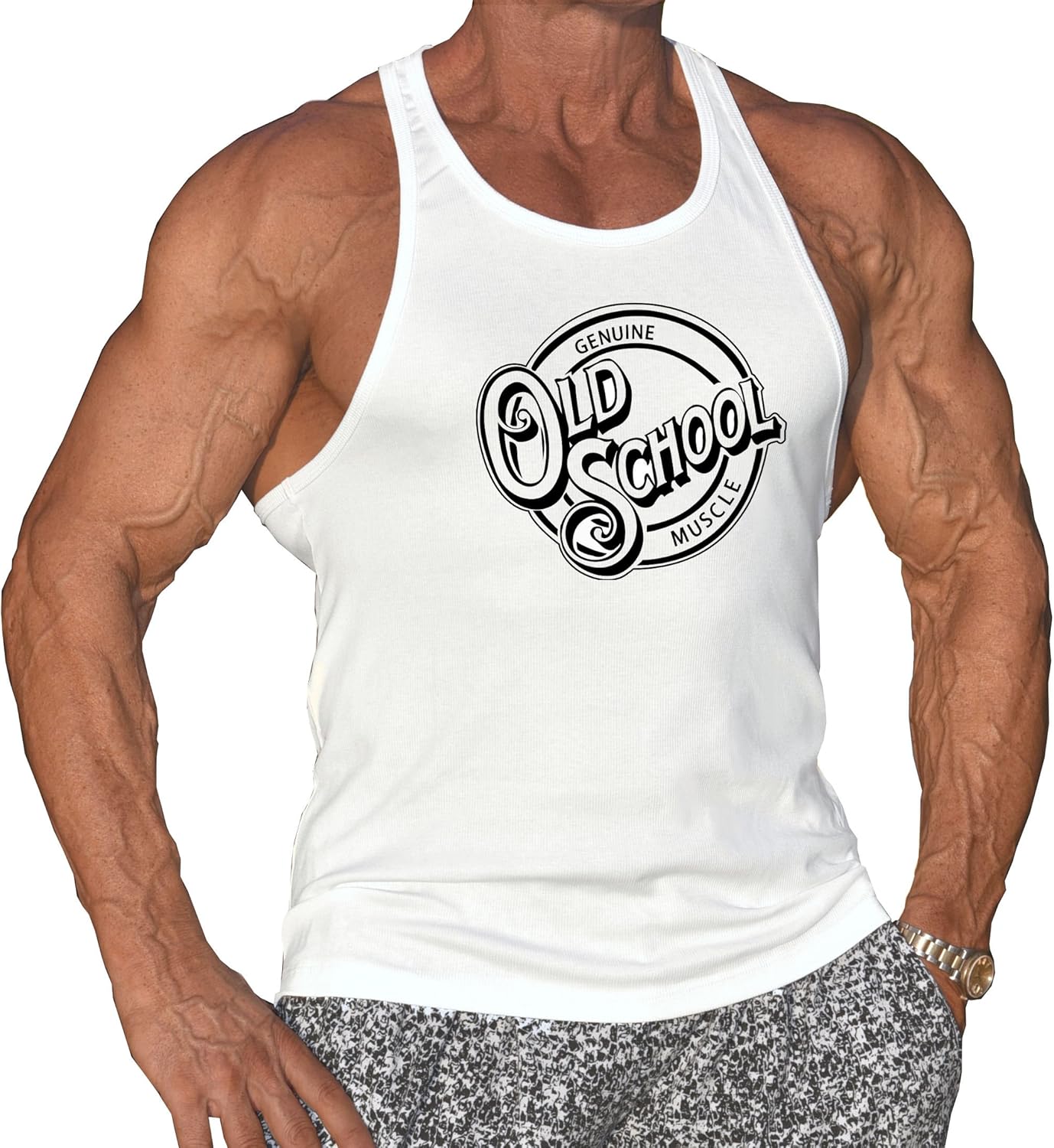Amazon.com: Crazee Wear Fitted White Bodybuilder Stringer Tank Top with ...