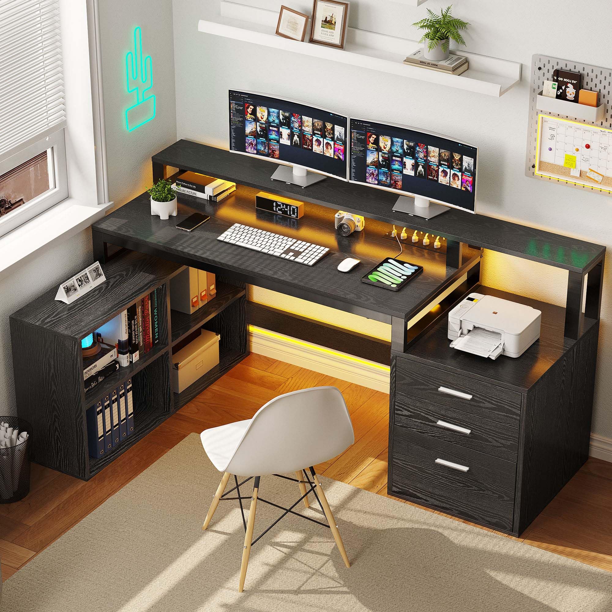 DWVO L Shaped Desk with Drawers, 65" Computer Desk with Power Outlets ...