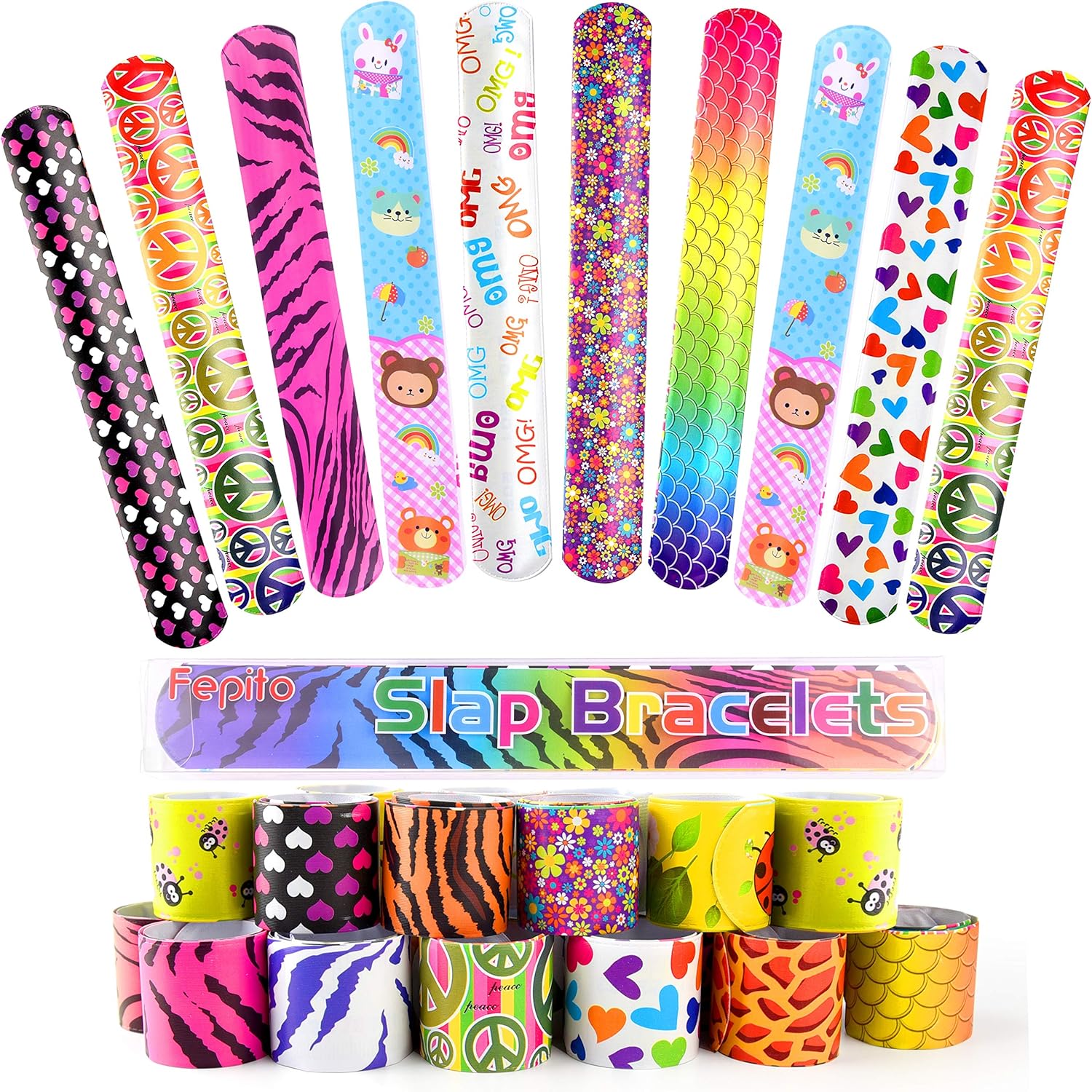 FEPITO 25 PCS Slap Bracelets Slap Wrist Bands with Hearts Animal ...