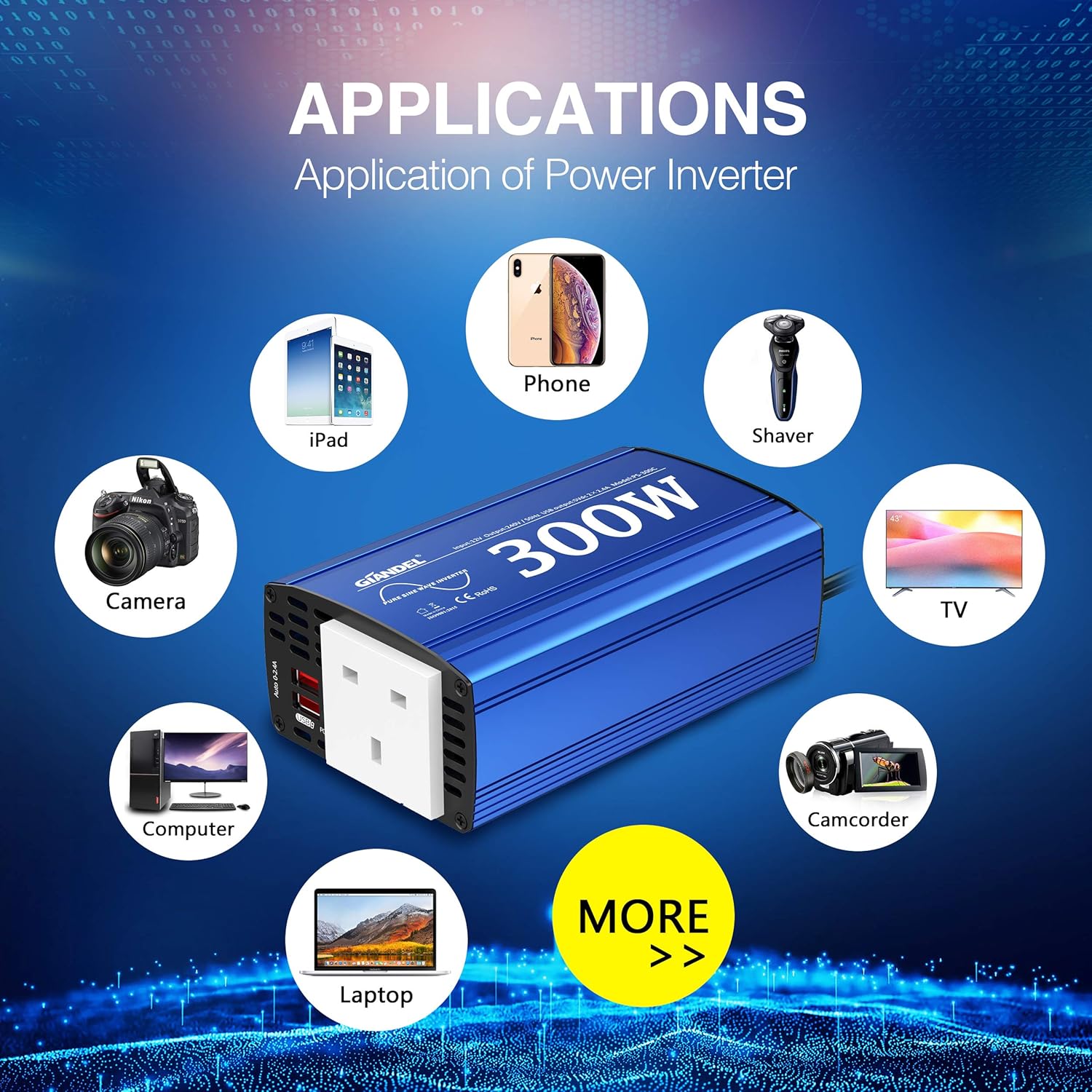 GIANDEL Pure Sine Wave Power Inverter 300Watt Car Adapter Converts 12V ...