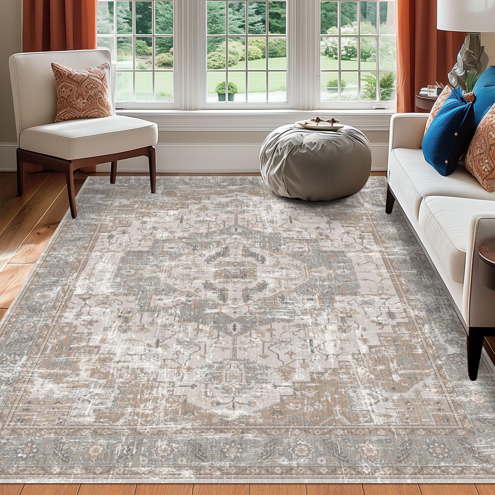 Vintage Area Rugs Living Room Boho Washable Taupe Dusty Blue 5x7 ...