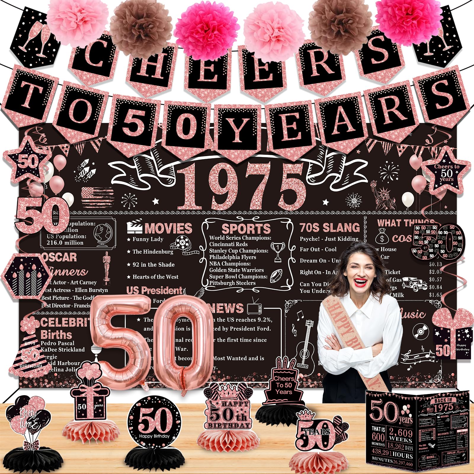 50th Birthday Decorations for Women,24PCS 1975 Banner Decorations ...