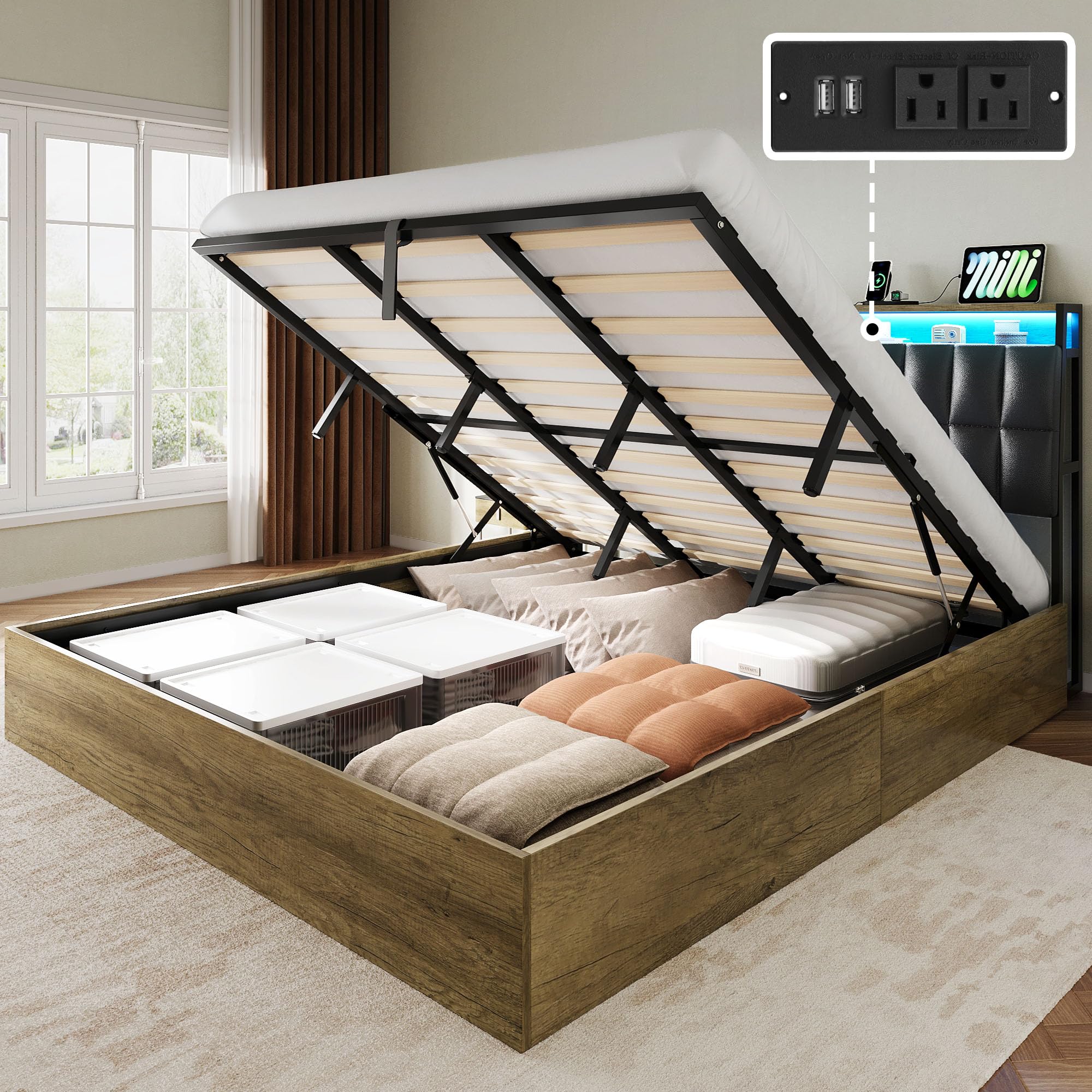 YITAHOME Queen Size Lift Up Bed with Charging Station & RGB LED Lights ...