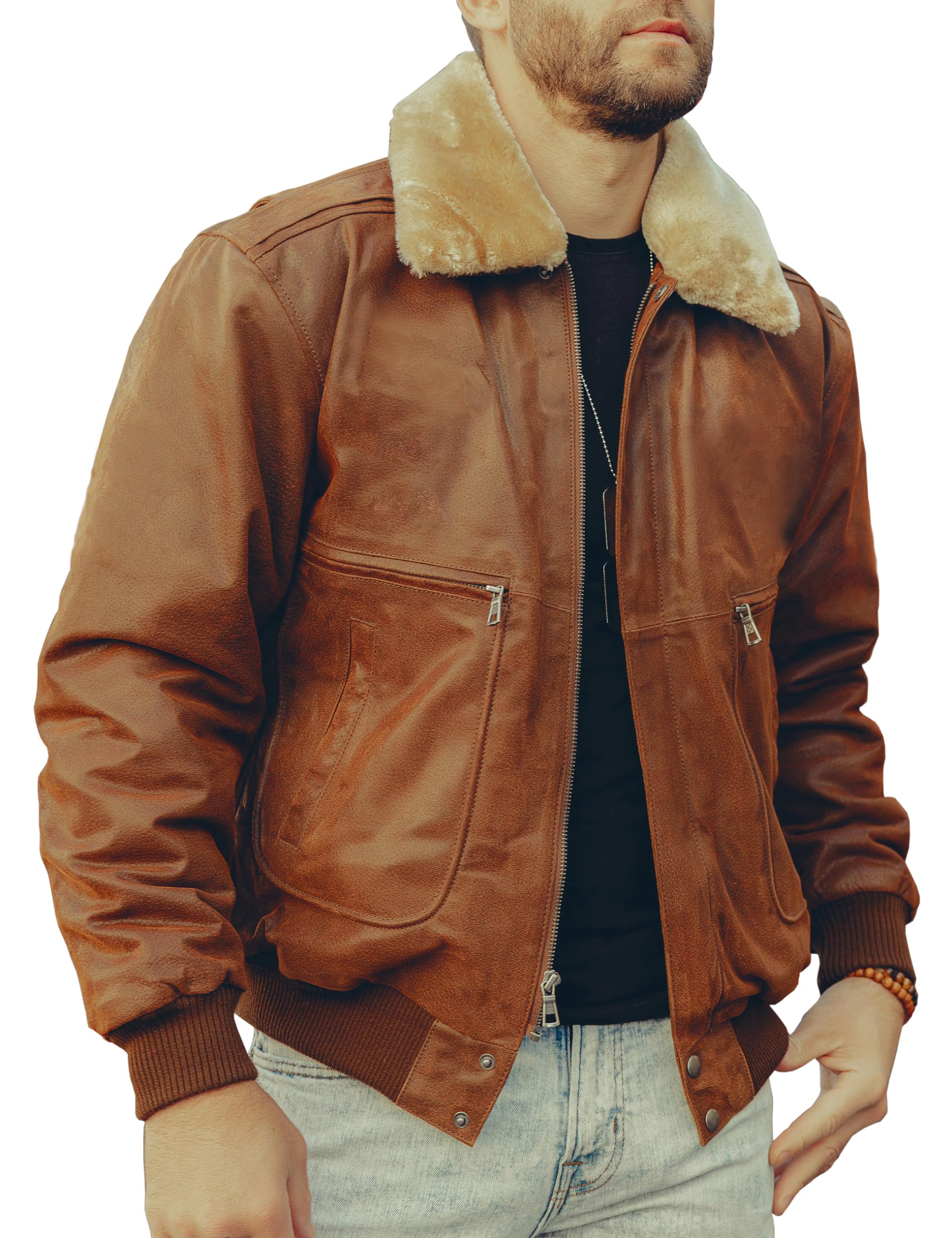 FLAVOR Men's Real Leather Bomber Jacket with Removable Fur Collar ...