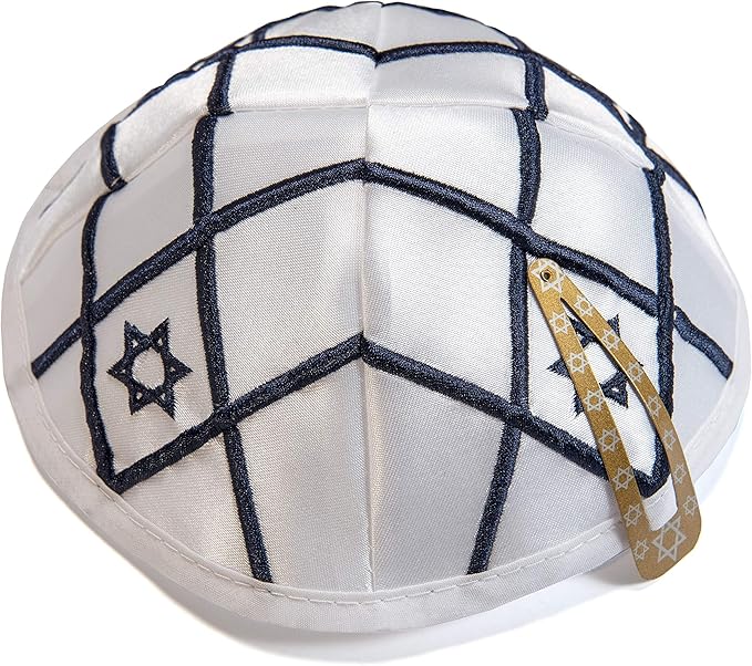 JL Kipphas Knitted 18 cm White Magen David Kippah Jewish Kipa Israel ...