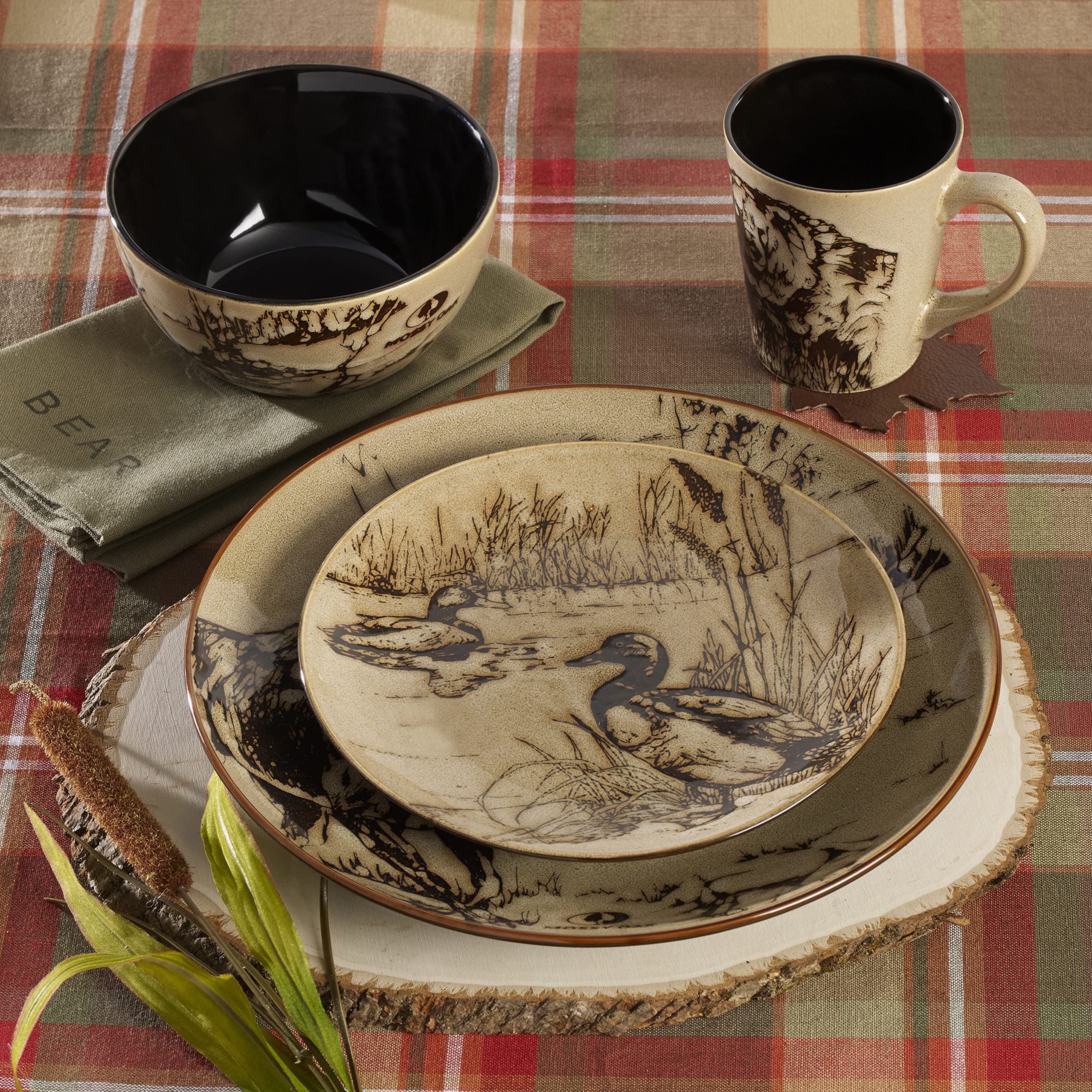 Mossy Oak Animal Print 16 Piece Dinnerware Set, Black And Beige on ...