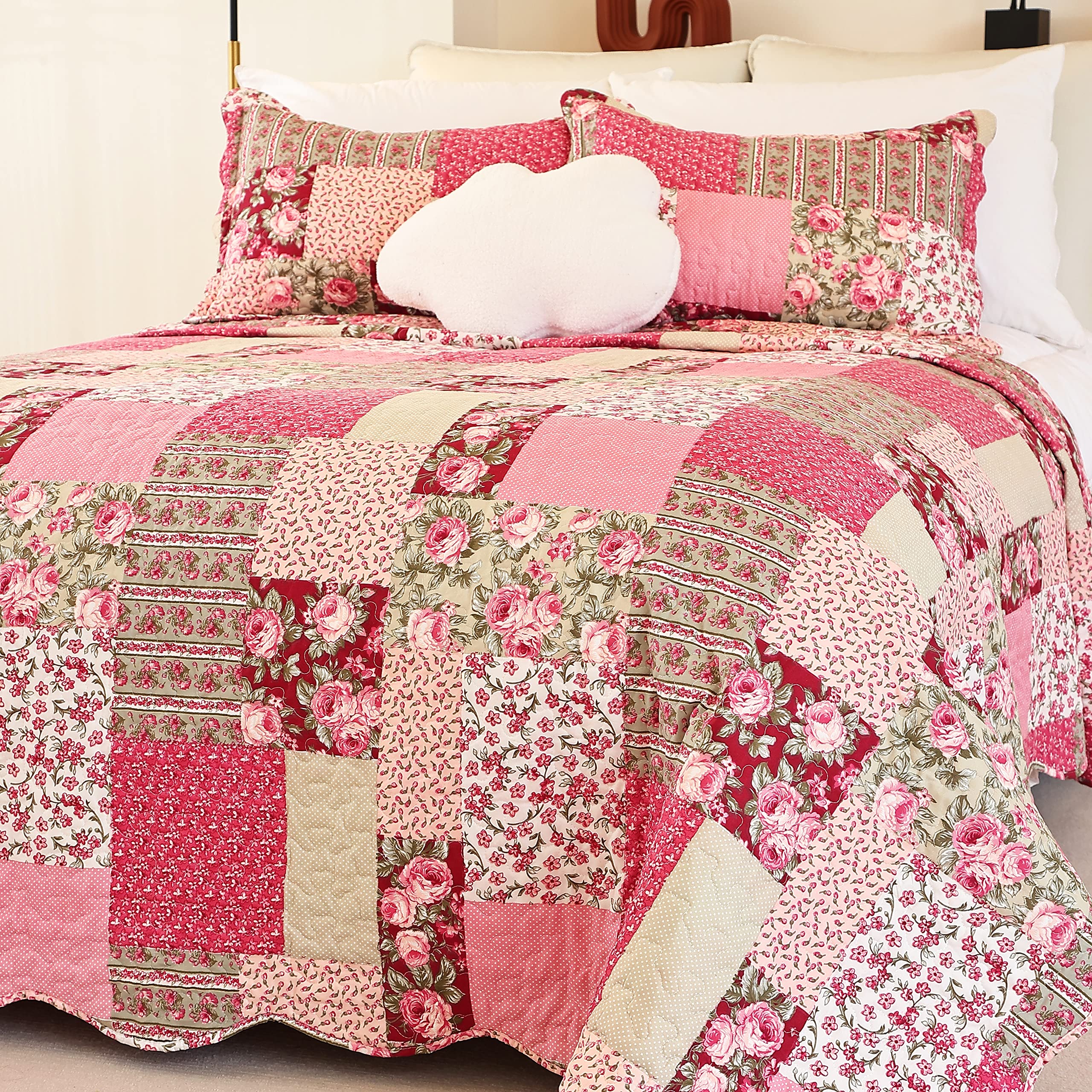 Summer Floral King Quilted Bedspread,Romantic Pink Quilt Set,Reversible ...