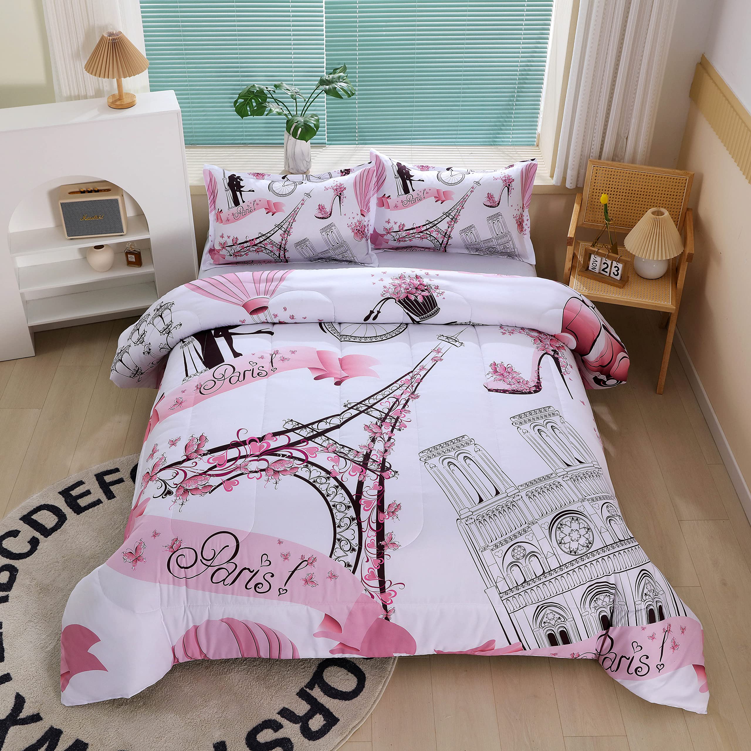 Romantic Pink Paris Style Comforter Set for Girls and Teens, Queen Size ...
