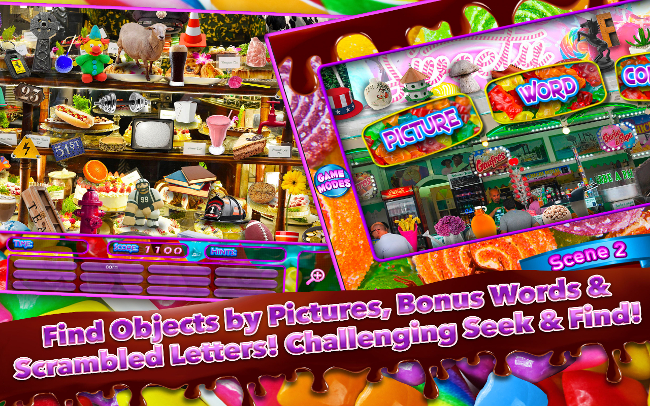 Hidden Objects Candy Chaos & Dessert Junk Food – Chocolate, Cupcakes, Donuts Object Time Puzzle ...