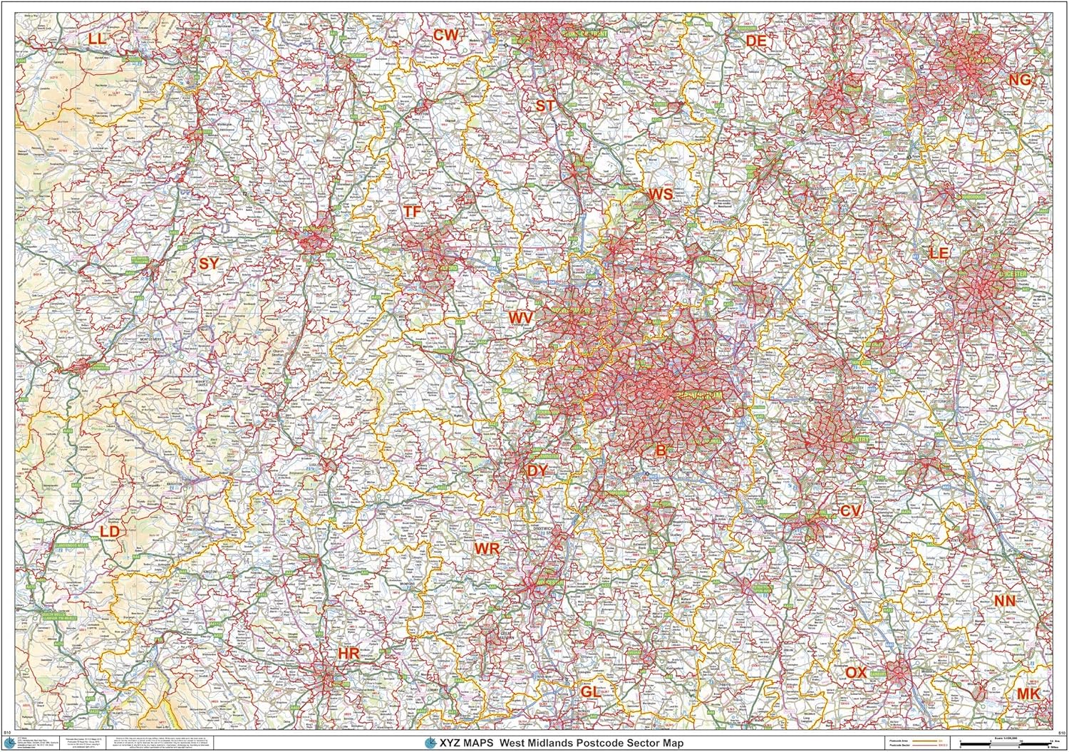 West Midlands Postcode Sector Wall Map (S10) – 47″ x 33.25″ Laminated ...