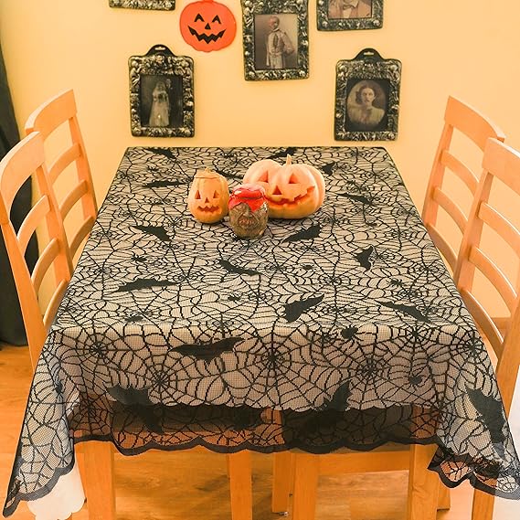 Amazon.com: Polyester Lace Black Halloween Web Rectangle Tablecloth ...
