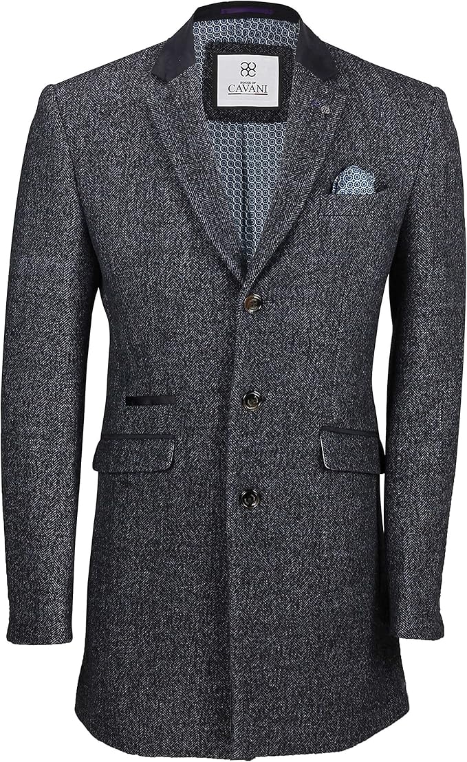 Mens Vintage Navy Blue Herringbone Tweed 3/4 Long Wool Overcoat Winter ...