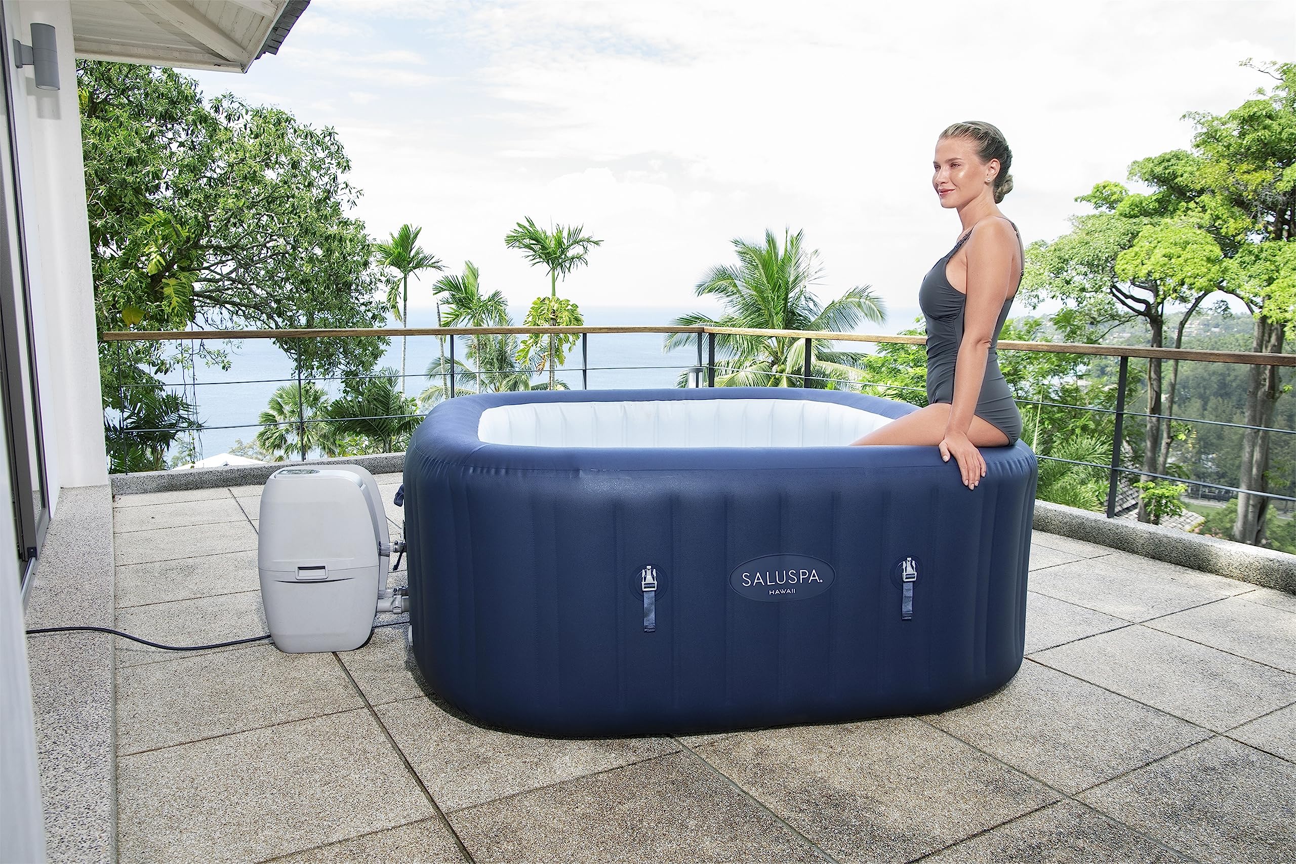 Bestway SaluSpa Hawaii AirJet 2 to 6 Person Square Inflatable Hot Tub Portable Outdoor Spa with ...