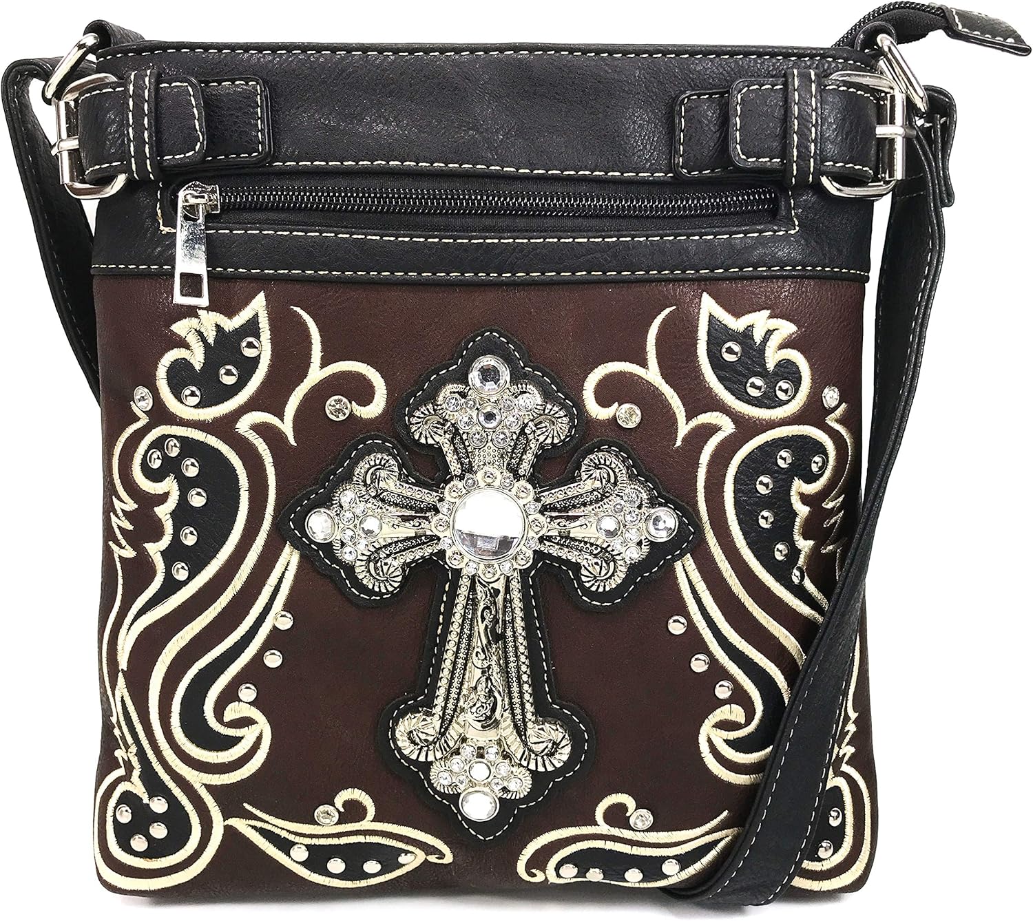Justin West Rhinestone Cross Western Floral Embroidery Handbag Purse ...