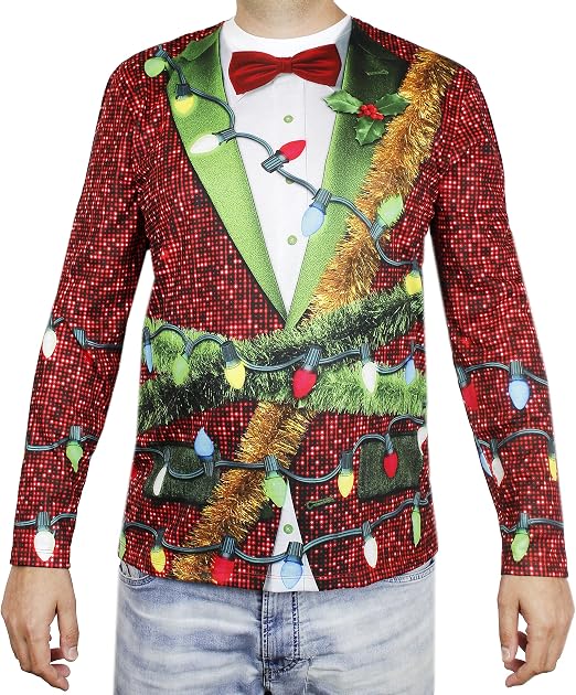 Amazon.com: Faux Real Christmas Holiday Lights Suit Print T-Shirt ...