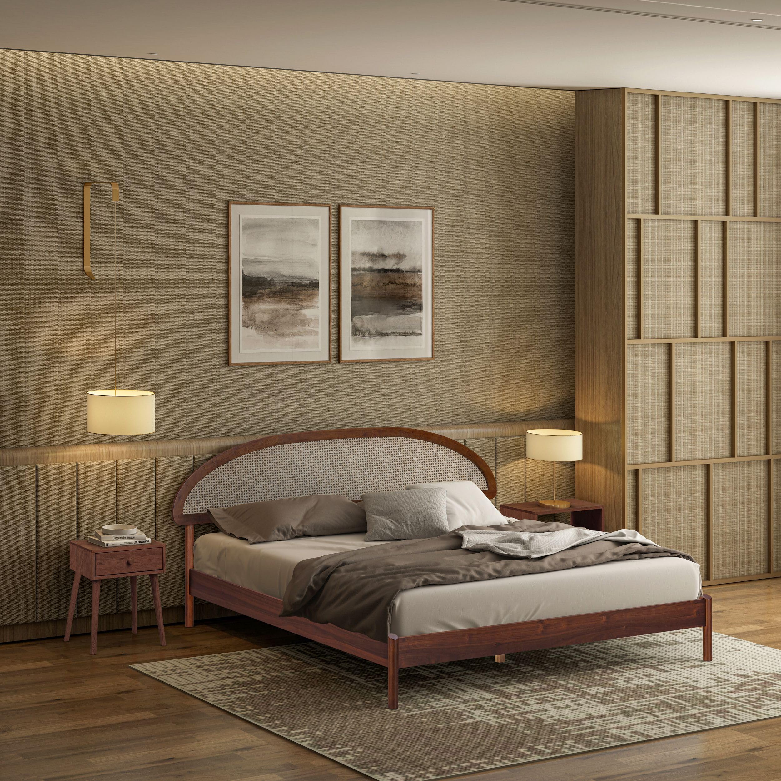 NTC Gem Wooden Bed Frame with Headboard and Natural Rattan, Solid Oak ...
