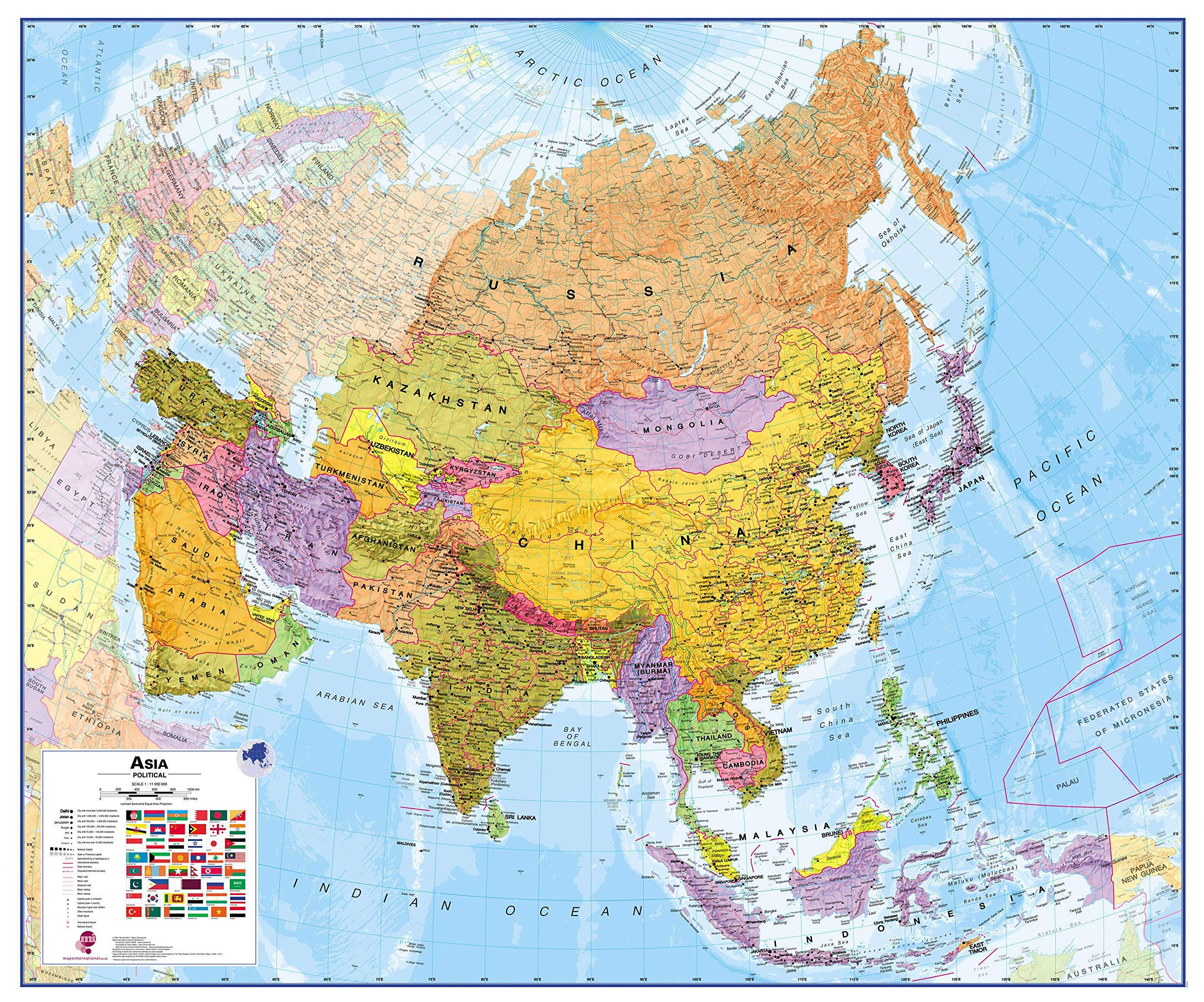 Maps International Large Political Asia Wall Map - Laminated - 47 x 39 ...
