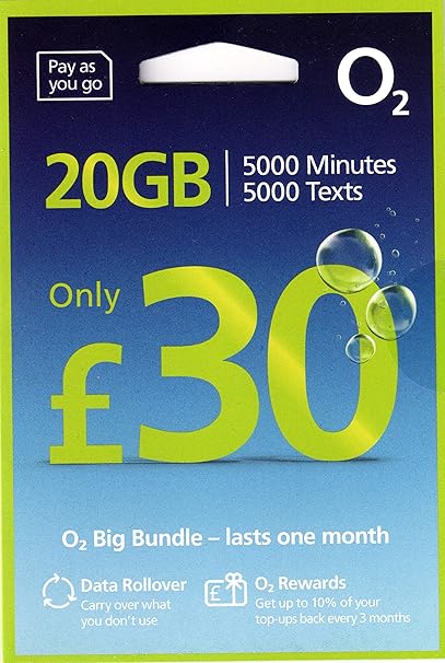 O2/02 Topup £30 for 20GB Internet, 5000 mins + 5000 texts. FAST 4G Pay ...