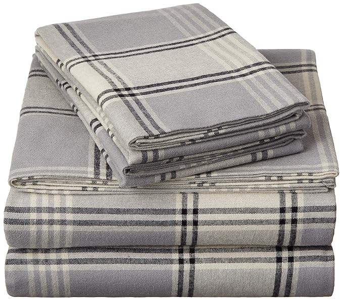 Amazon.com: Pinzon Plaid Flannel Bed Sheet Set - Queen, Grey Plaid ...