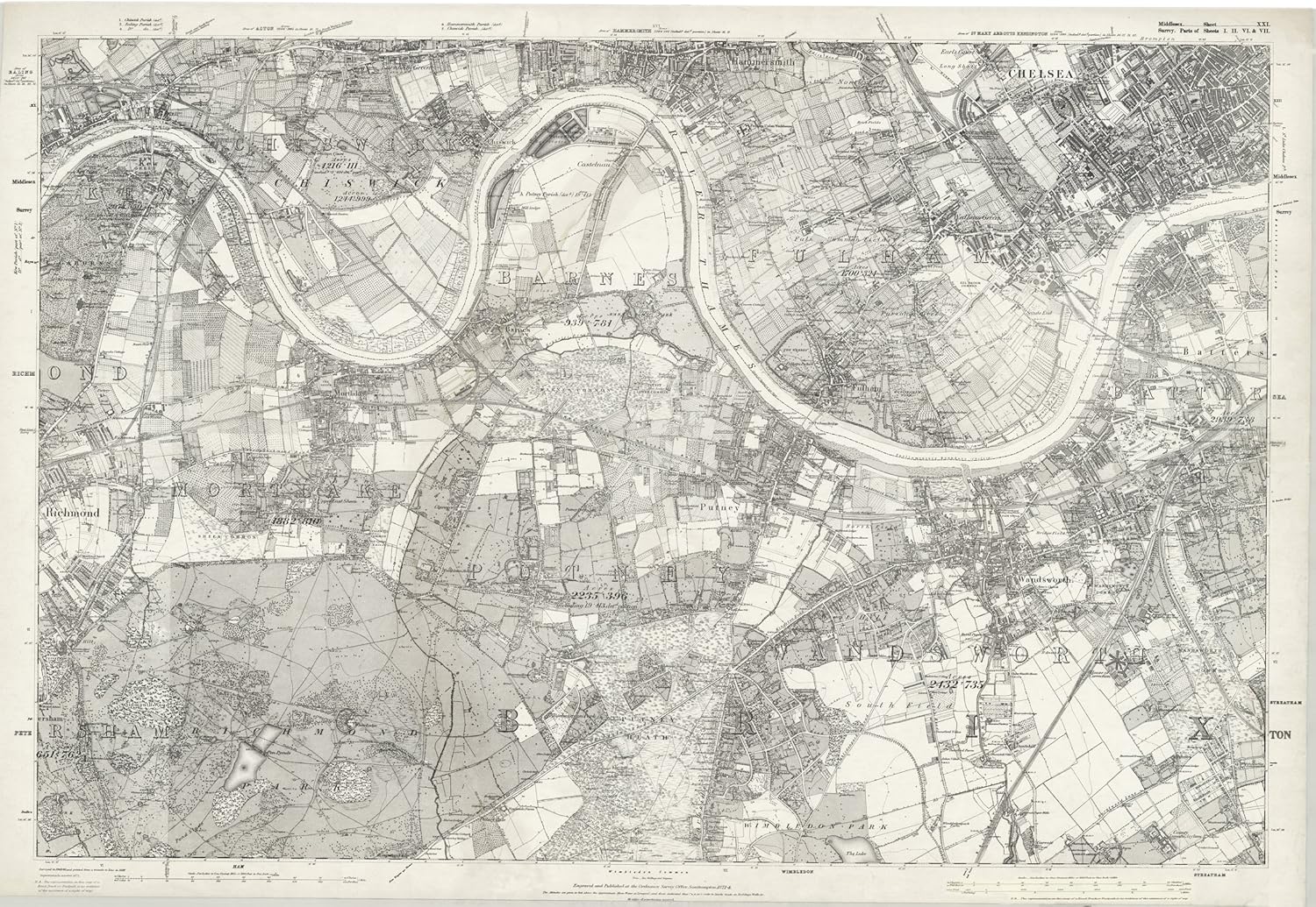 1870 Map of South West London - Ordnance Survey 1:10,560 Scale (90 x 62 ...