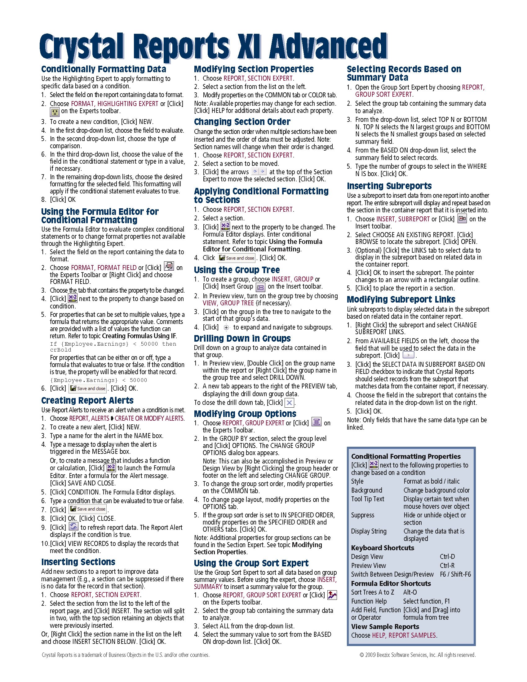 Crystal Reports XI Quick Reference Guide: Advanced (Cheat Sheet Of ...