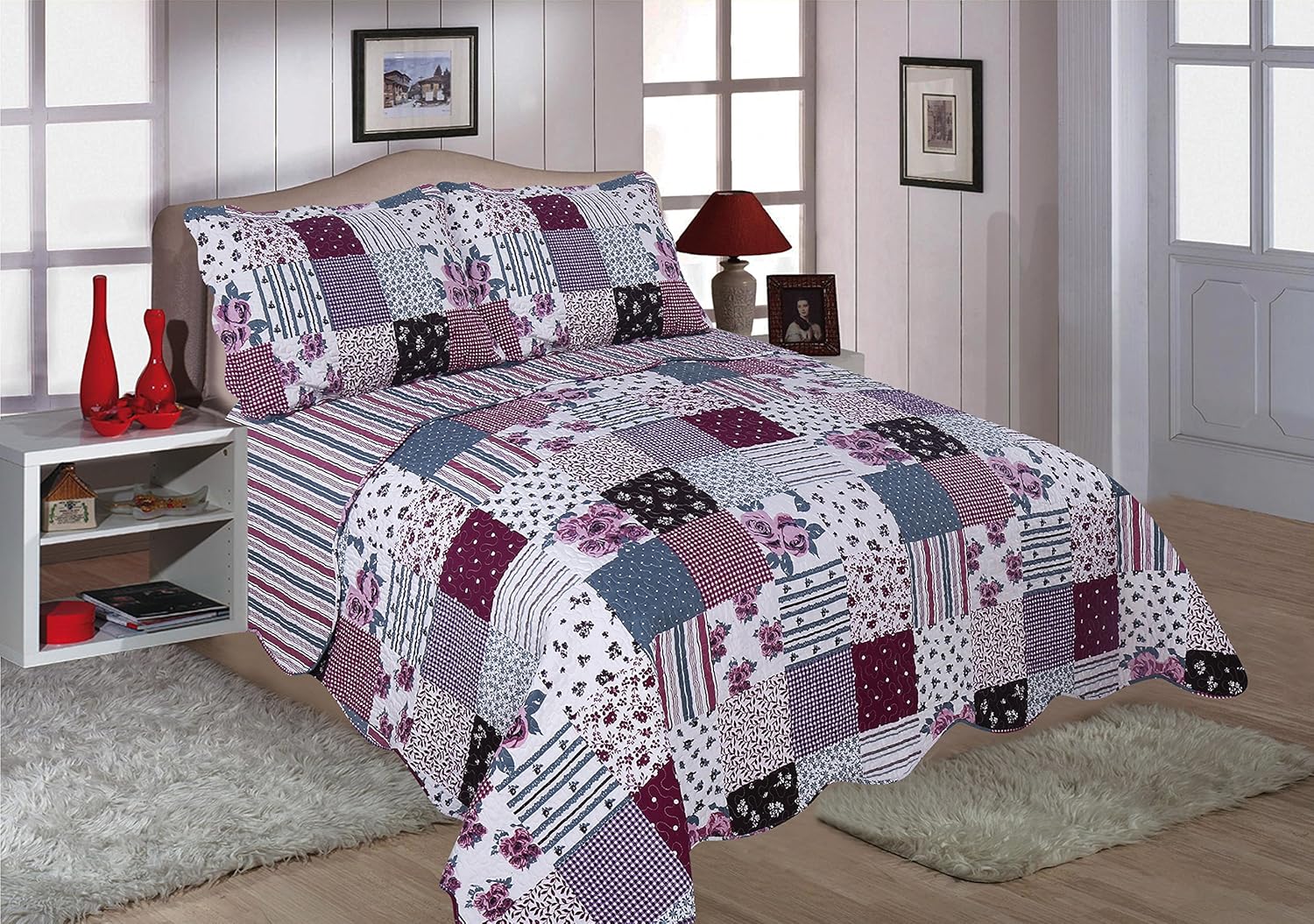 restmor Quilted Reversible Patchwork Design Bedspread in 3 sizes with ...